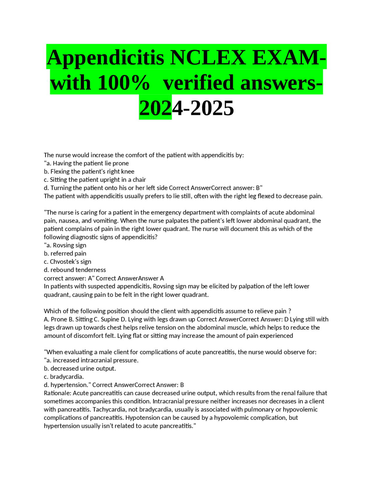 Appendicitis NCLEX EXAM-with 100% verified answers-2024-2025.docx ...