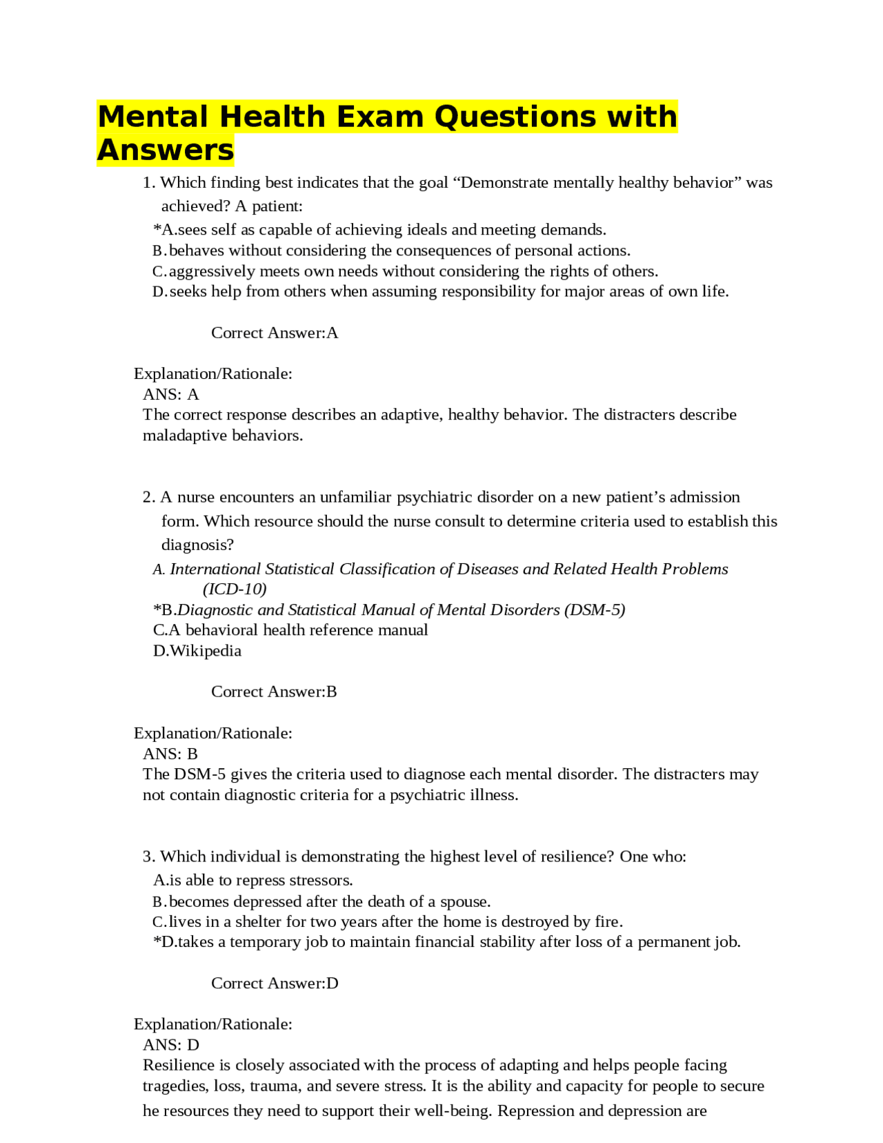Mental Health Exam Questions with Answers | Exams Health psychology ...