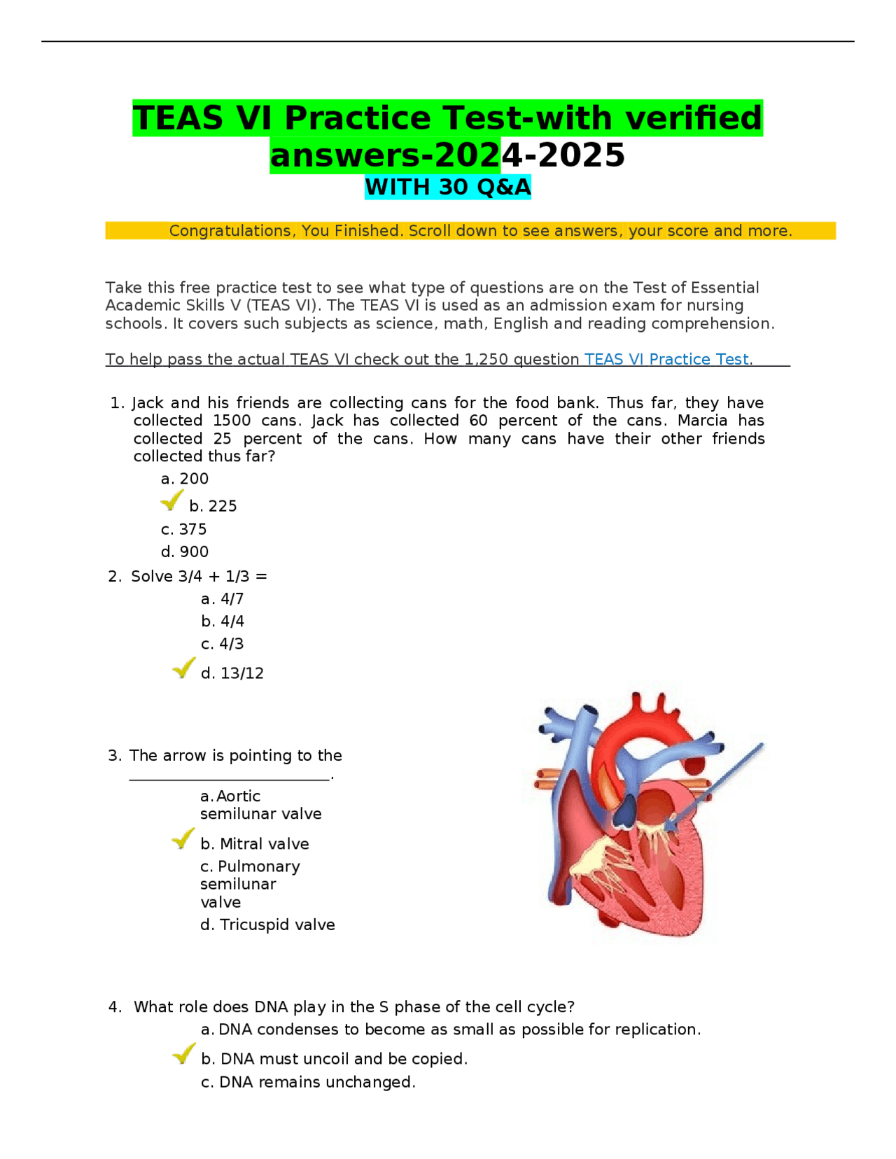 TEAS VI Practice Test-with verified answers-2024-2025.docx | Exams ...