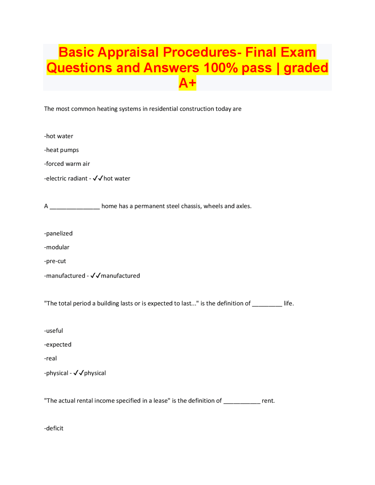 Basic Appraisal Procedures- Final Exam Questions and Answers 100% pass Graded A+ | Exams Nursing ...