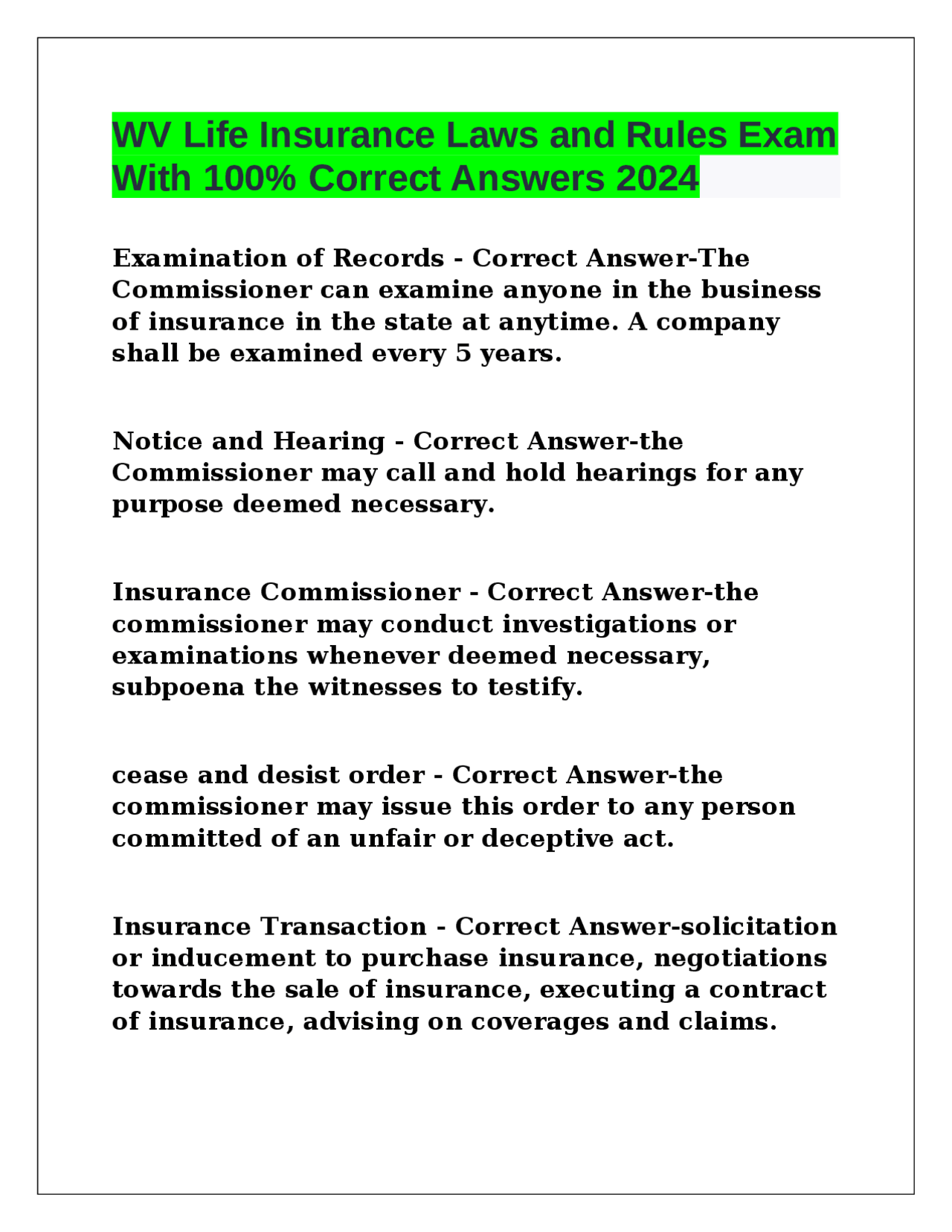 WV Life Insurance Laws and Rules Exam With 100% Correct Answers 2024 | Exams Advanced Education ...