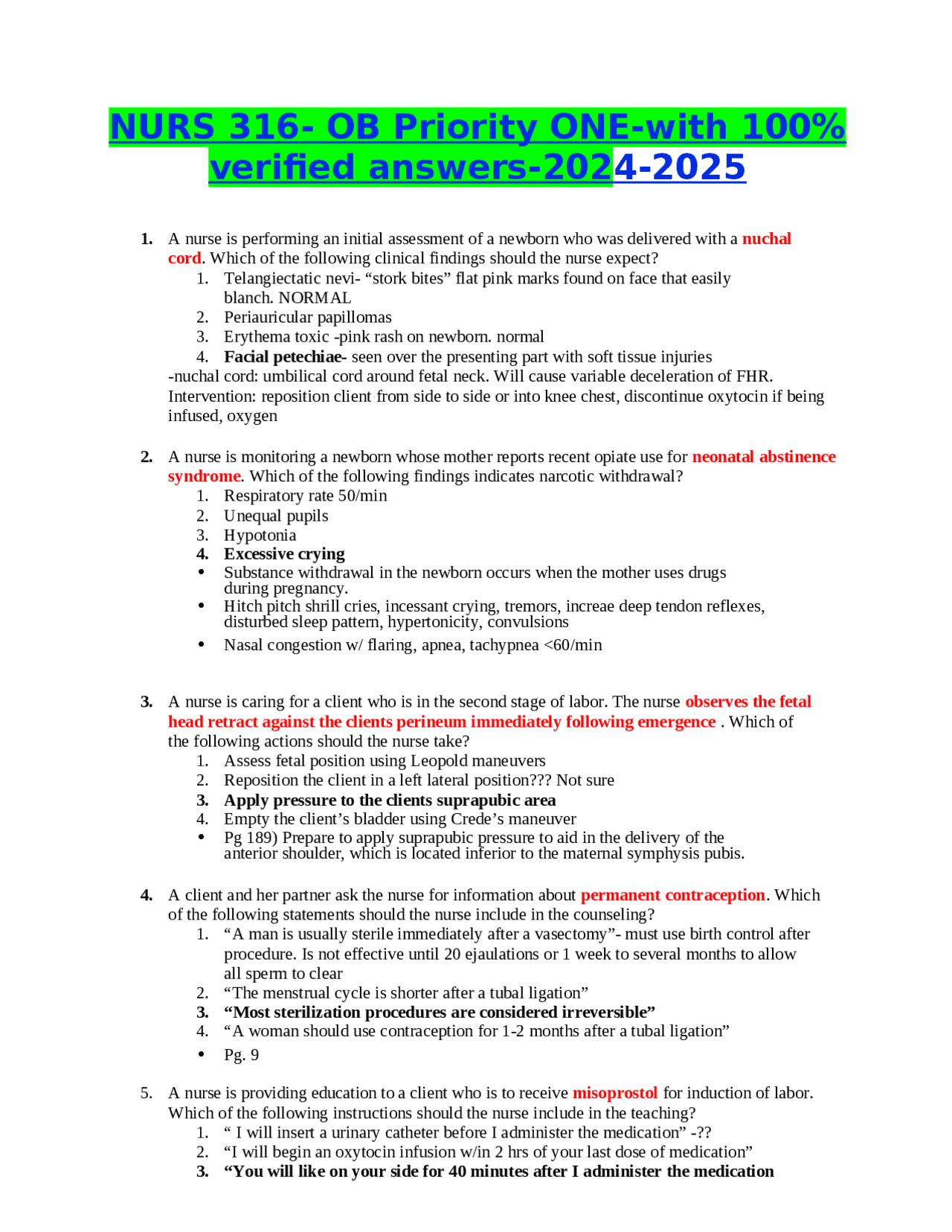 NURS 316- OB Priority ONE-with 100% verified answers-2024-2025.docx | Exams Nursing | Docsity