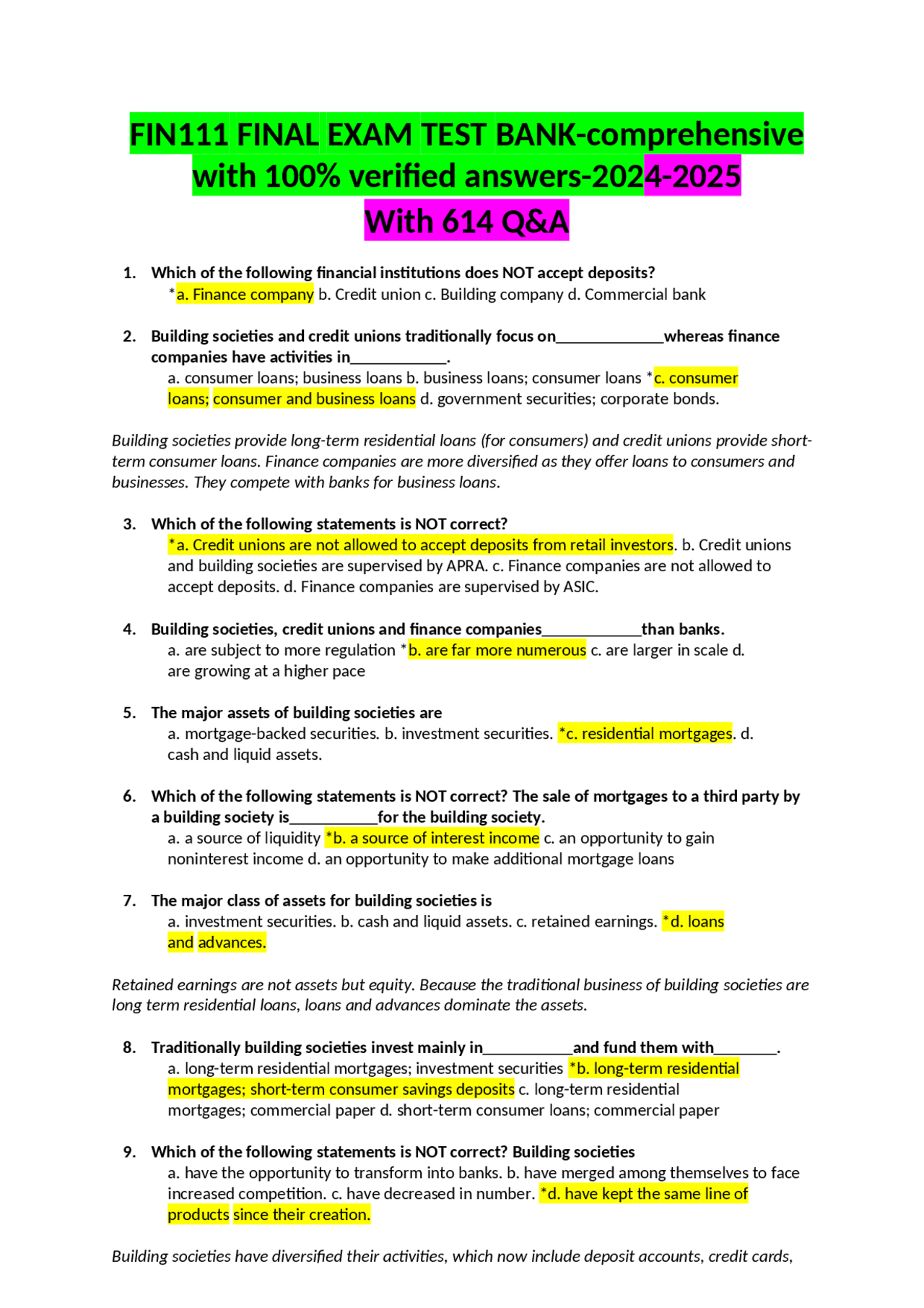 FIN111 FINAL EXAM TEST BANK-comprehensive with 100% verified answers ...