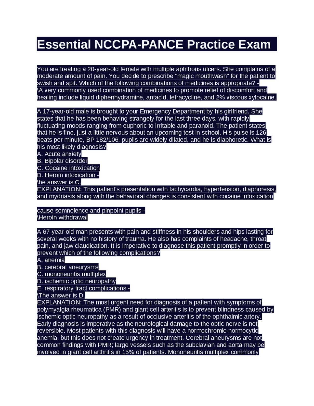 Essential NCCPA-PANCE Practice Exam | Exams Medicine | Docsity