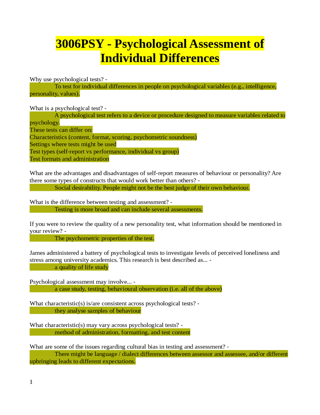 3006PSY - Psychological Assessment of Individual Differences | Exams ...