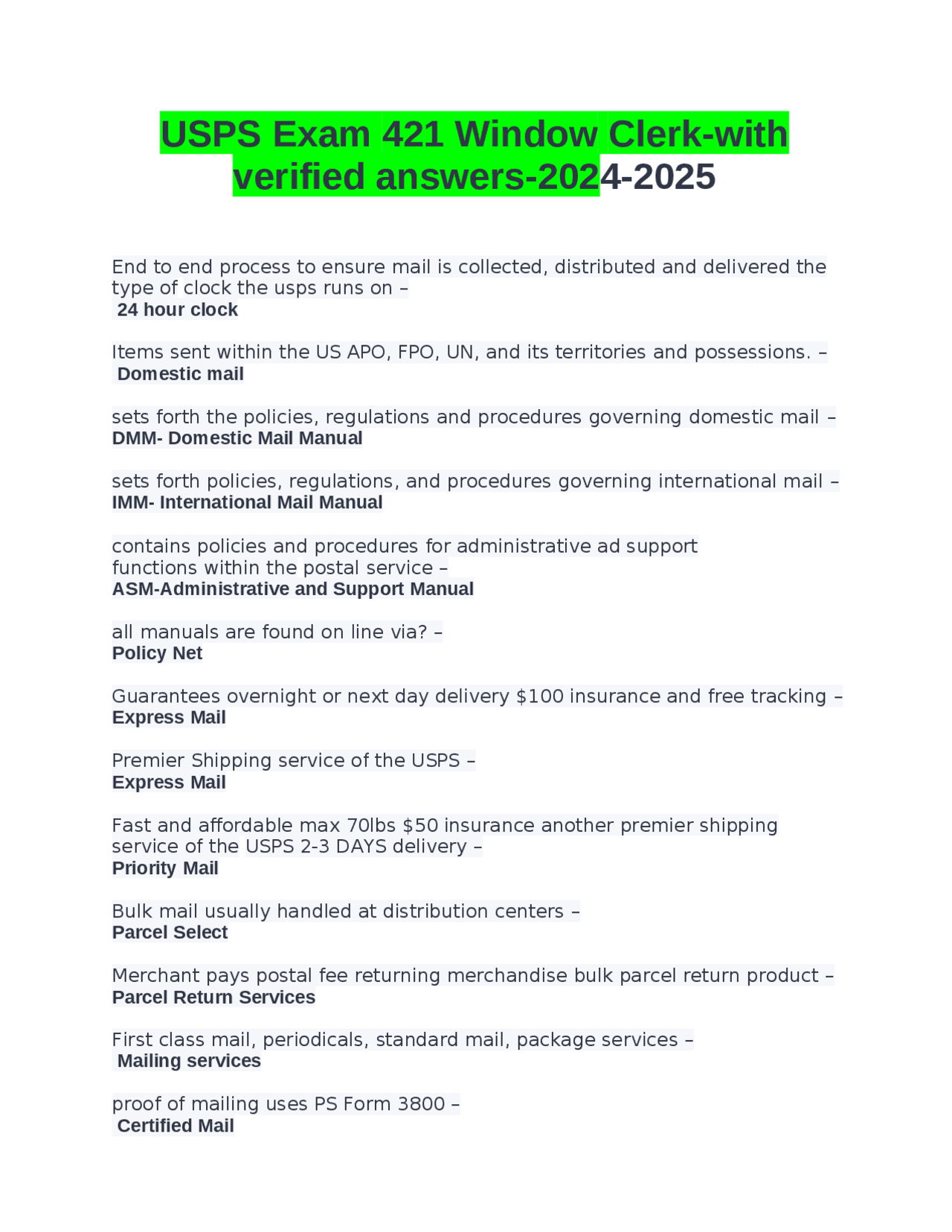 USPS Exam 421 Window Clerk-with verified answers-2024-2025.docx | Exams ...