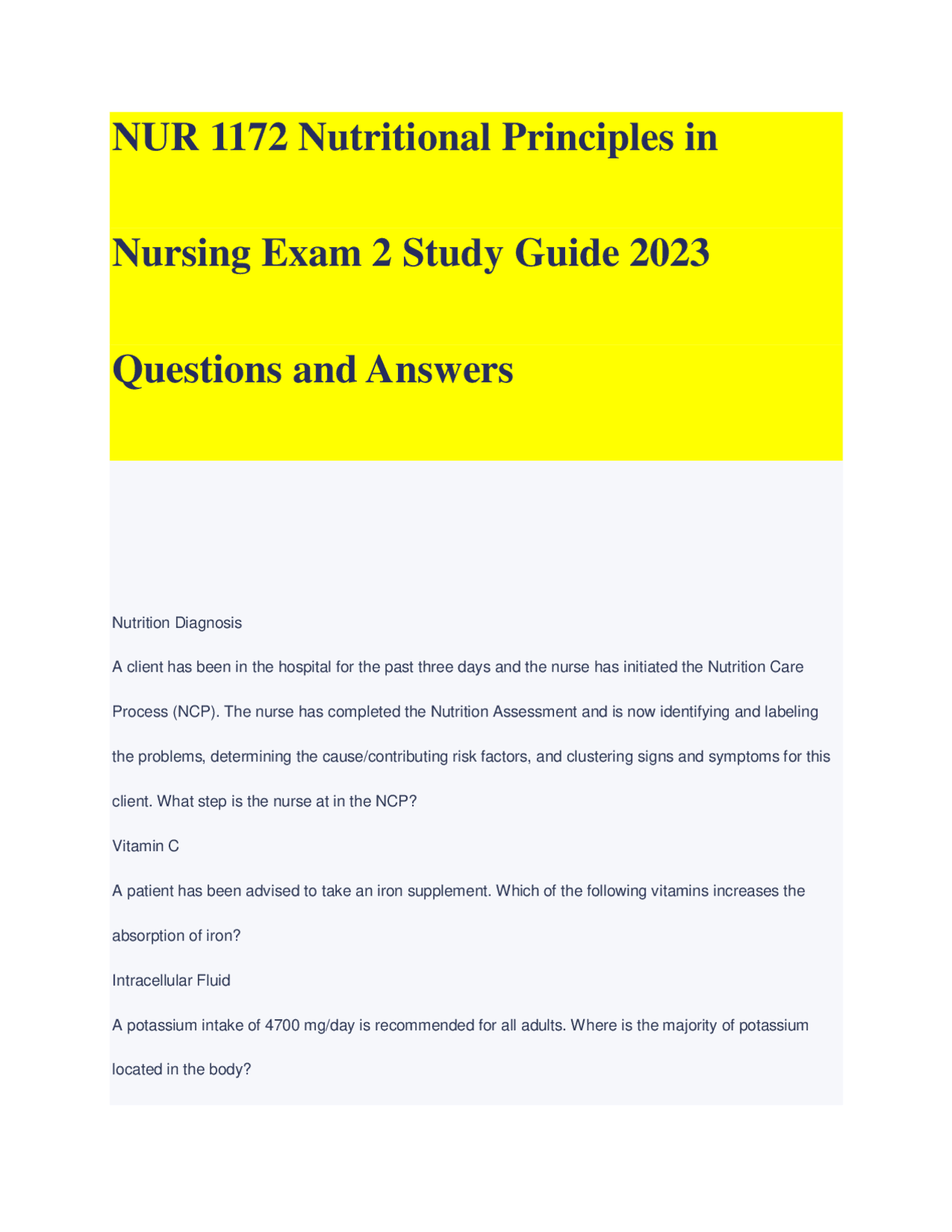 NUR 1172 Nutritional Principles in Nursing Exam 2 Study Guide 2023 Questions and Answers | Exams ...