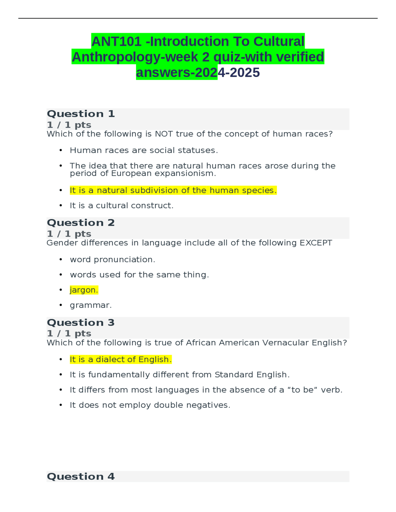 ANT101 -Introduction To Cultural Anthropology-week 2 quiz-with verified ...