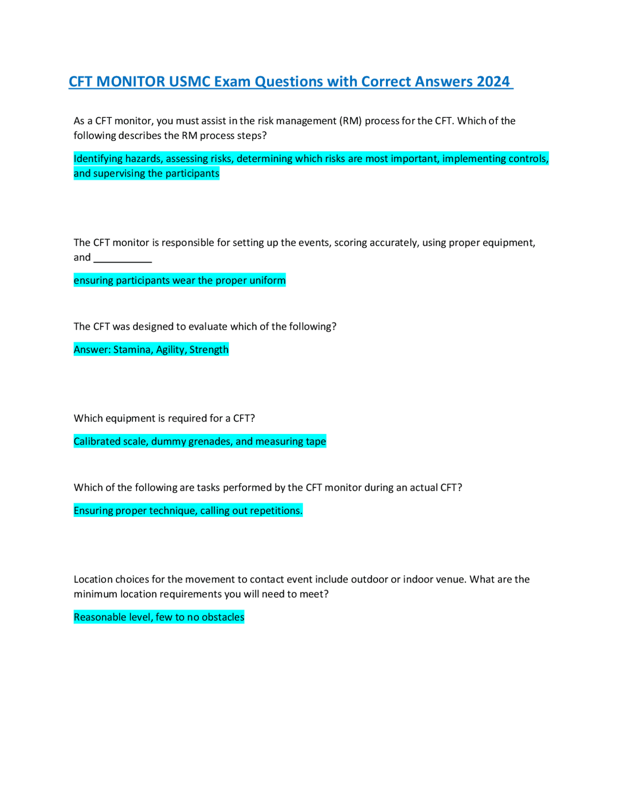 CFT MONITOR USMC Exam Questions with Correct Answers 2024 | Exams ...