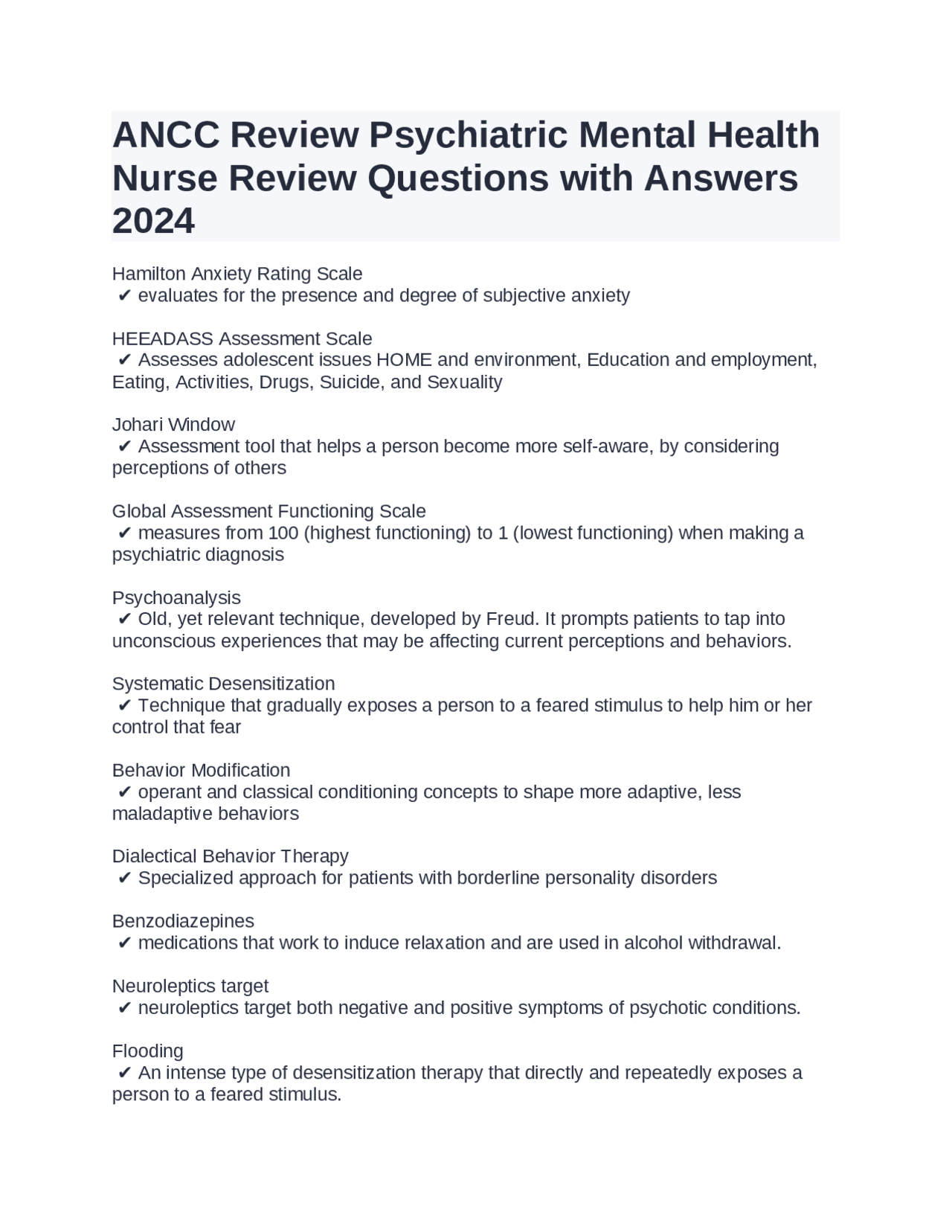 ANCC Review Psychiatric Mental Health Nurse Review Questions with ...
