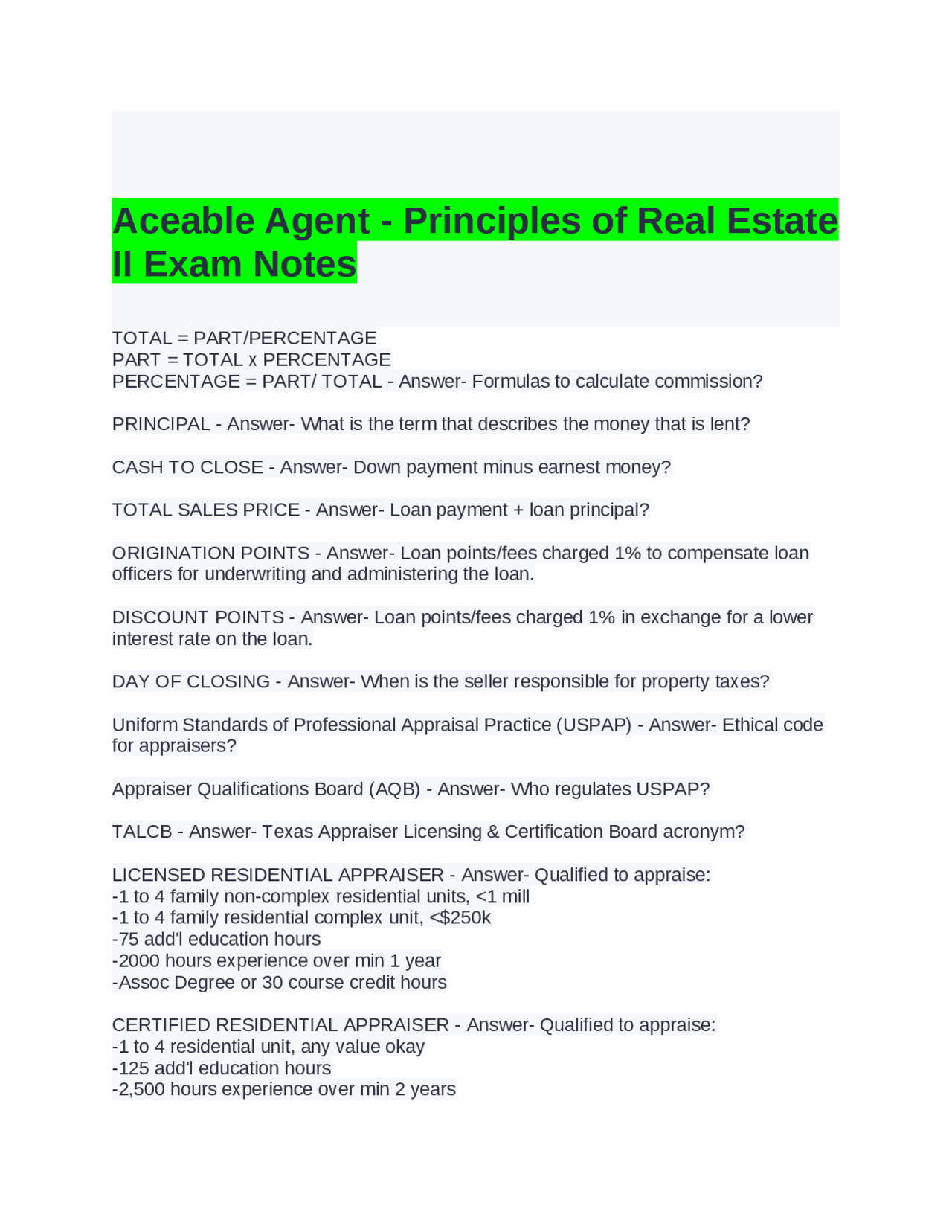 Aceable Agent - Principles of Real Estate II Exam Notes Questions and ...