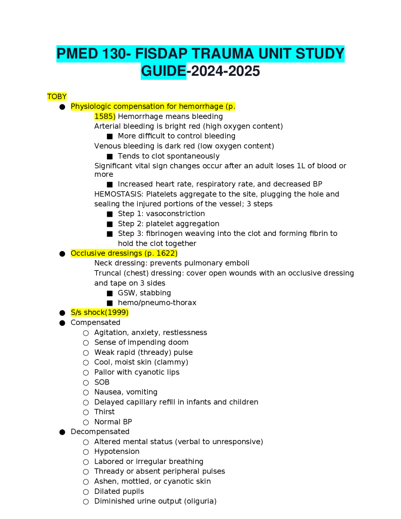 PMED 130- FISDAP TRAUMA UNIT STUDY GUIDE-2024-2025.docx | Exams Nursing | Docsity