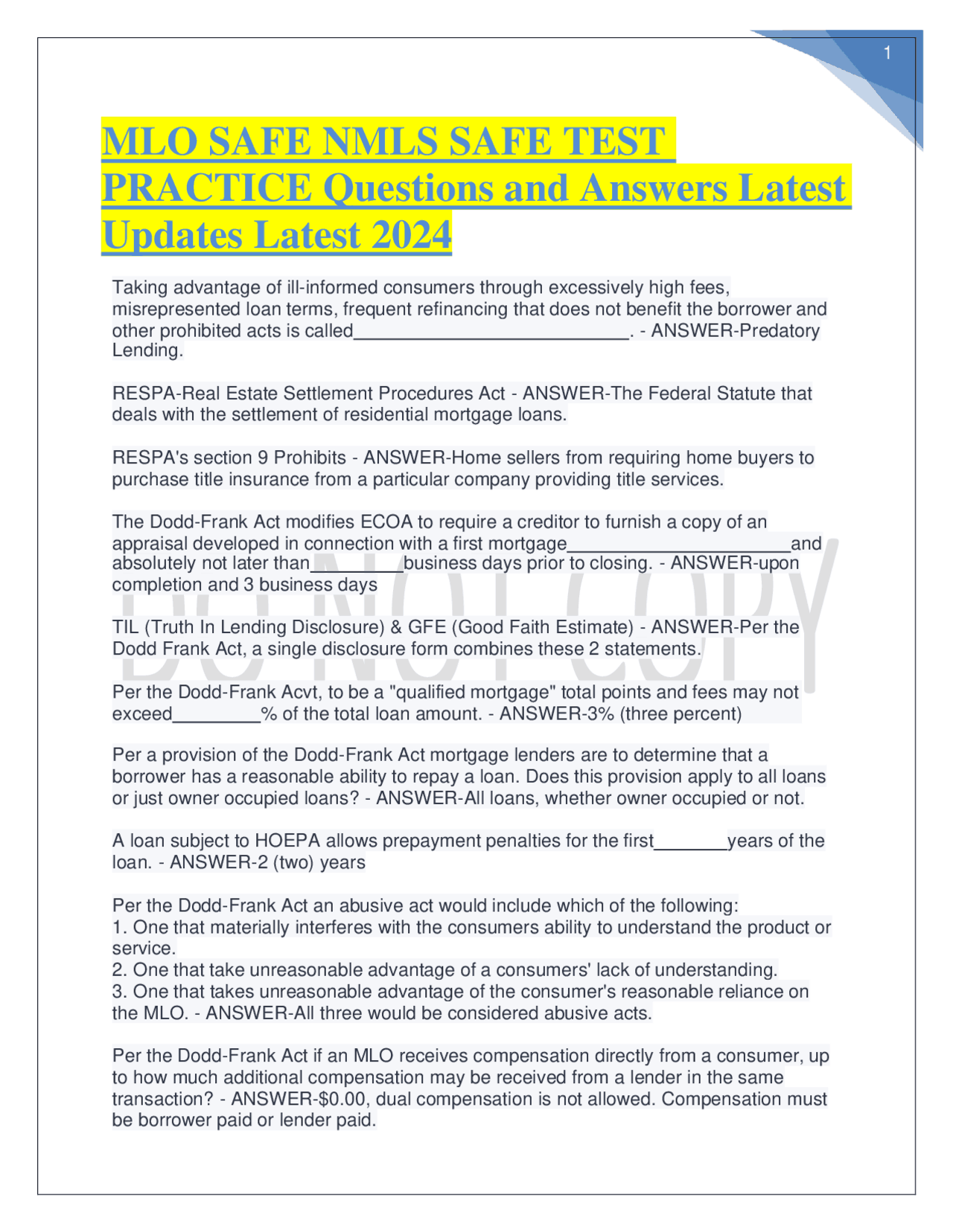 MLO SAFE NMLS SAFE TEST PRACTICE Questions and Answers Latest Updates ...