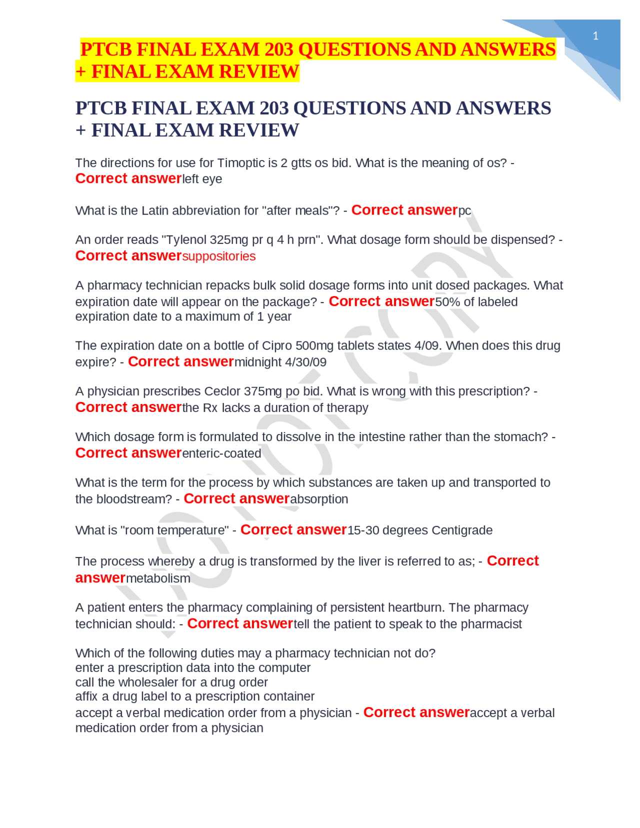 PTCB FINAL EXAM 203 QUESTIONS AND ANSWERS + FINAL EXAM REVIEW | Exams ...