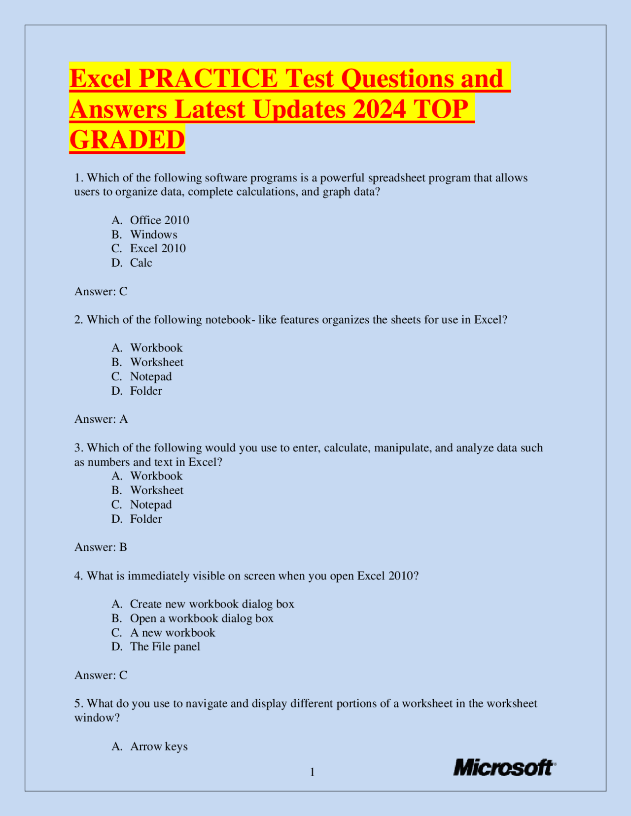 Excel PRACTICE Test Questions and Answers Latest Updates 2024 TOP ...