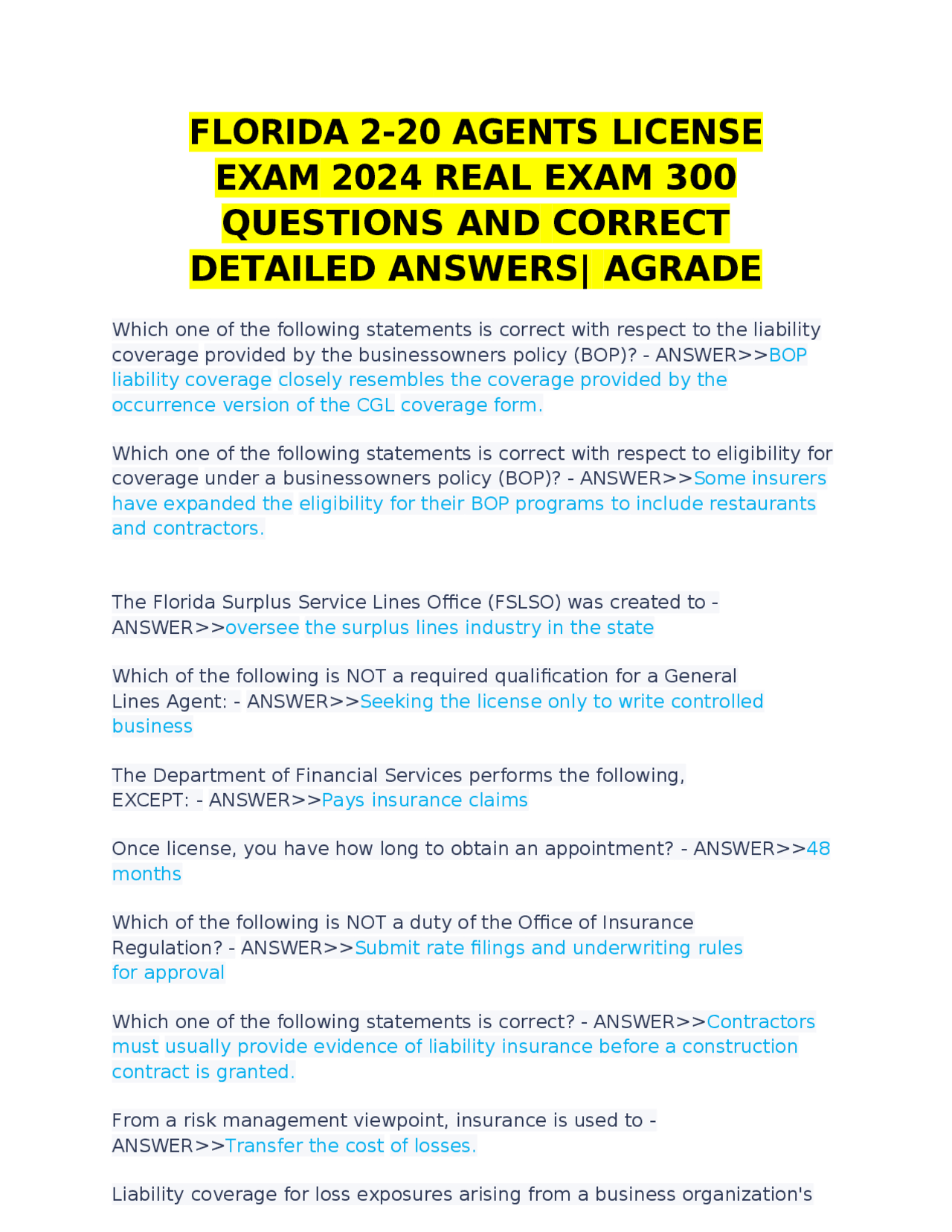 FLORIDA 2-20 AGENTS LICENSE EXAM 2024 REAL EXAM 300 QUESTIONS AND ...