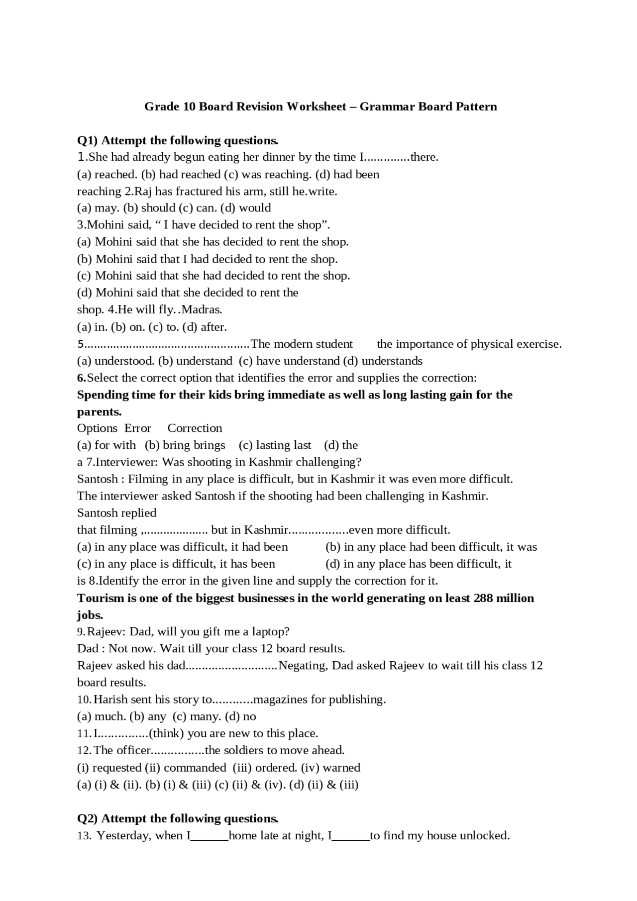 CBSE - English - Grammar - Class 10 - Worksheet | Exercises English ...