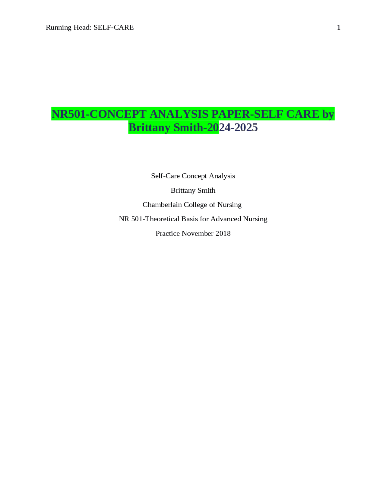 NR501-CONCEPT ANALYSIS PAPER-SELF CARE by Brittany Smith-2024-2025 ...