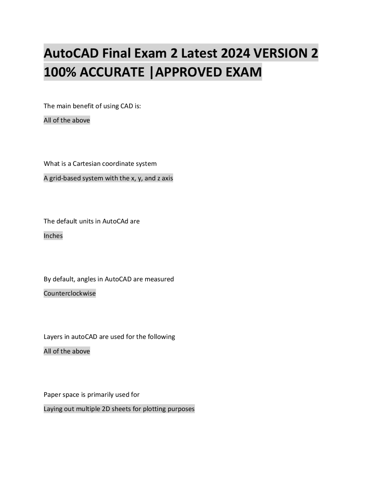AutoCAD Final Exam 2 Latest 2024 VERSION 2 100% ACCURATE |APPROVED EXAM ...