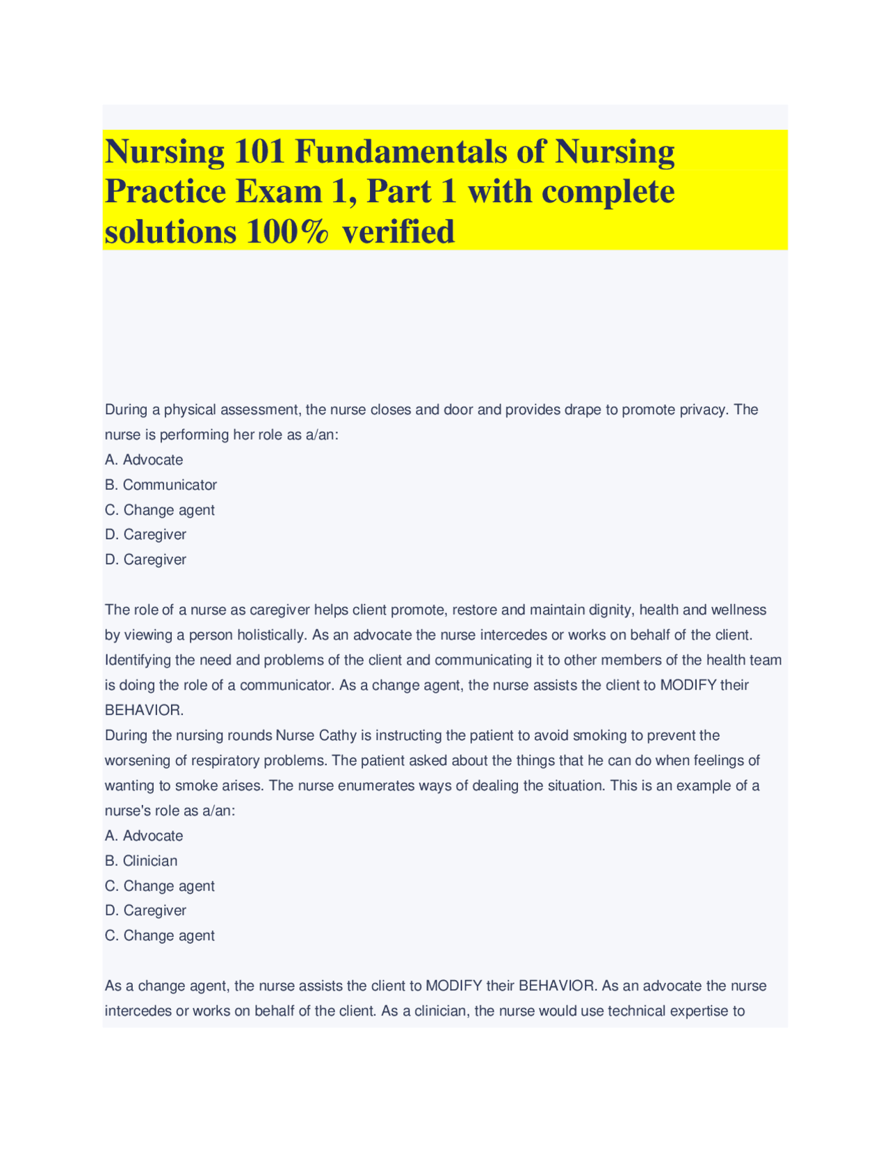 Nursing 101 Fundamentals of Nursing Practice Exam 1, Part 1 with ...