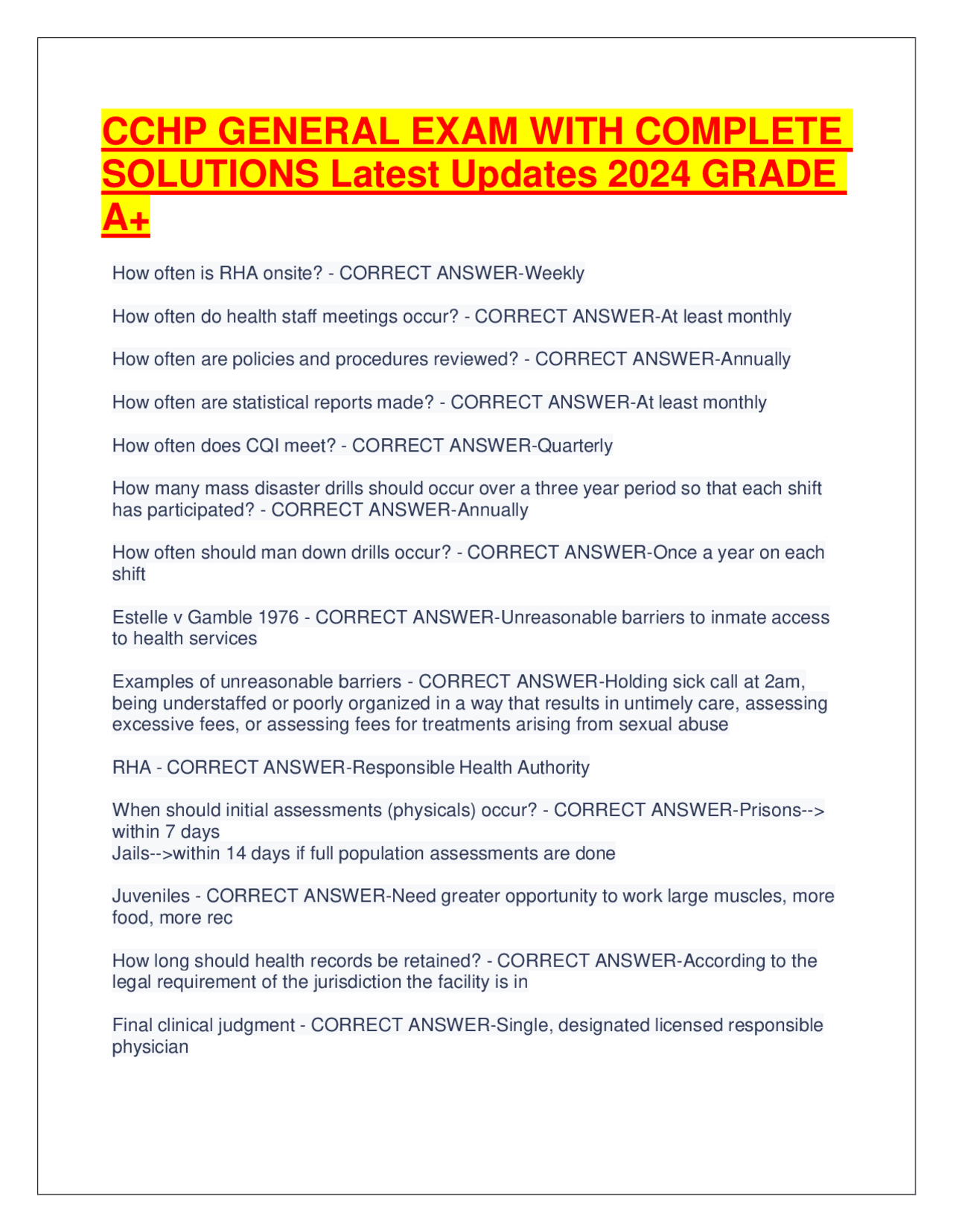 CCHP GENERAL EXAM WITH COMPLETE SOLUTIONS Latest Updates 2024 GRADE A+ ...