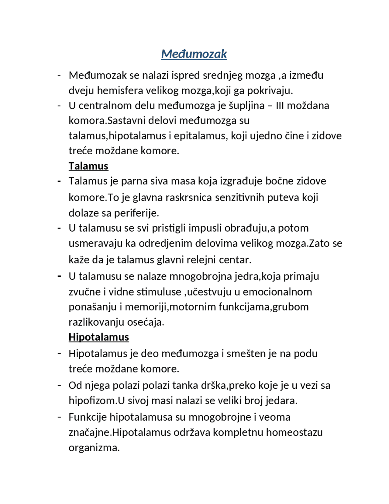 Medjumozak - Biologija delovi mozga | Study notes Biology | Docsity