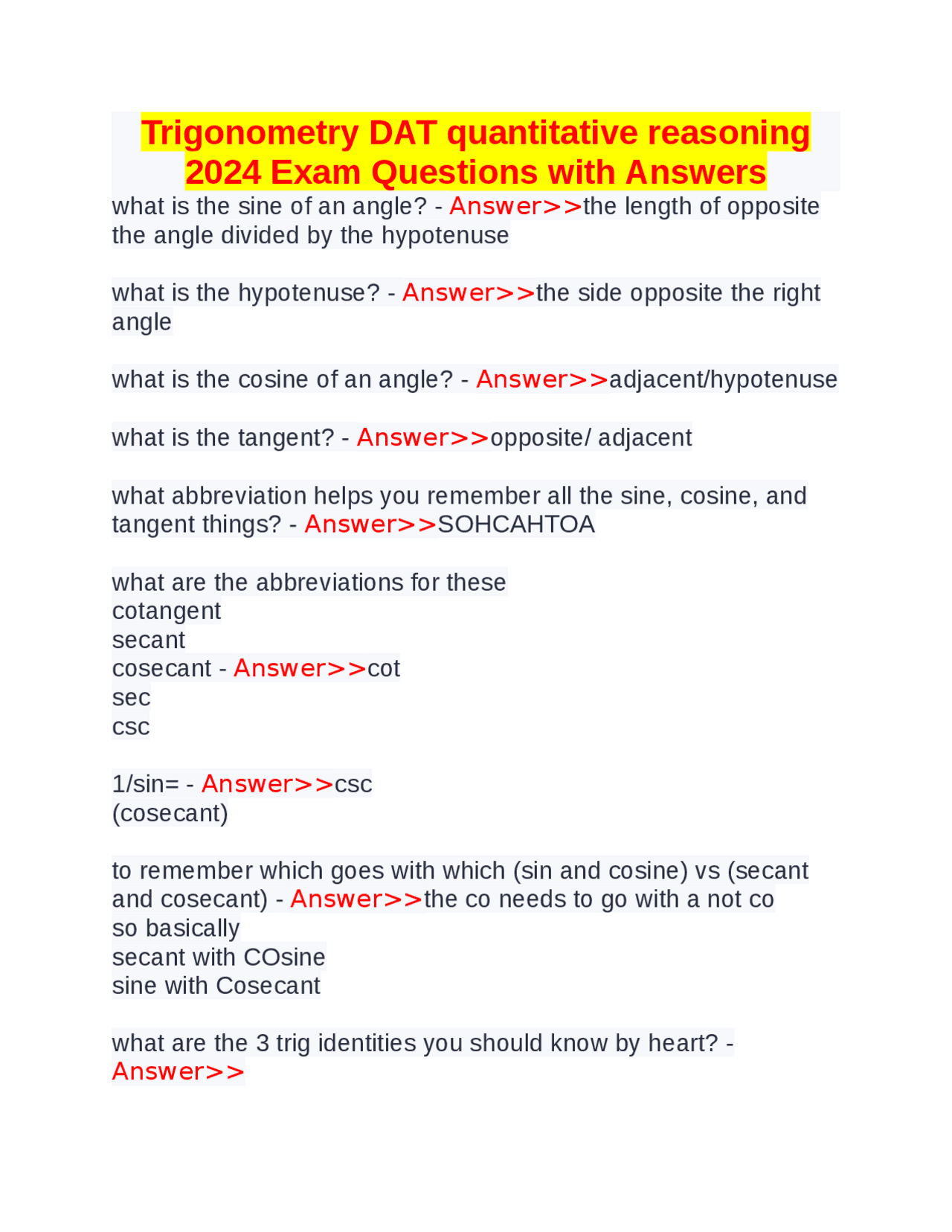 Trigonometry DAT quantitative reasoning 2024 Exam Questions with ...