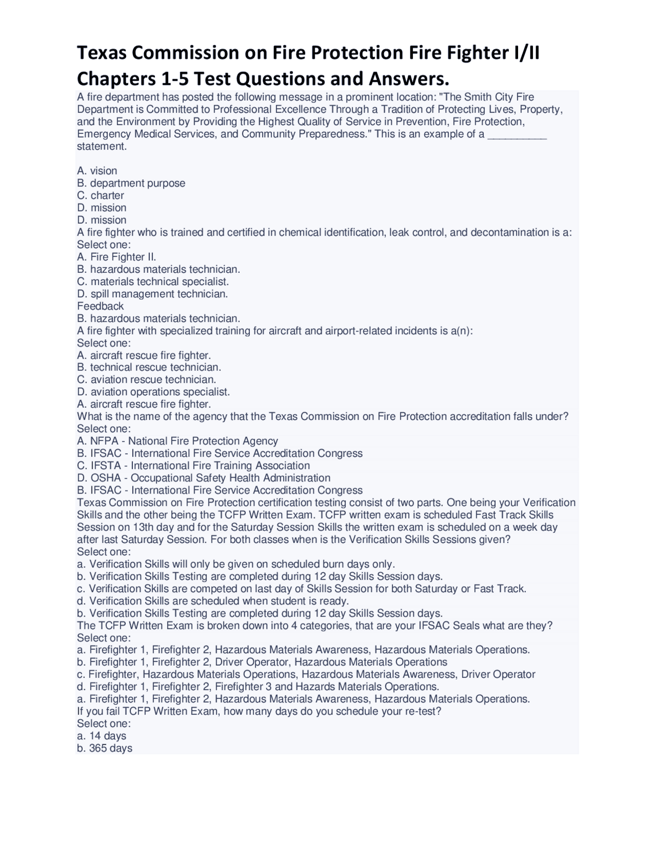 Texas Commission on Fire Protection Fire Fighter I/II Chapters 1-5 Test ...