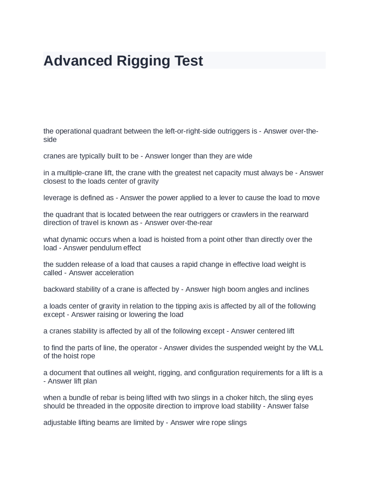 Advanced Rigging Test Questions and Correct Answers | Exams Nursing ...