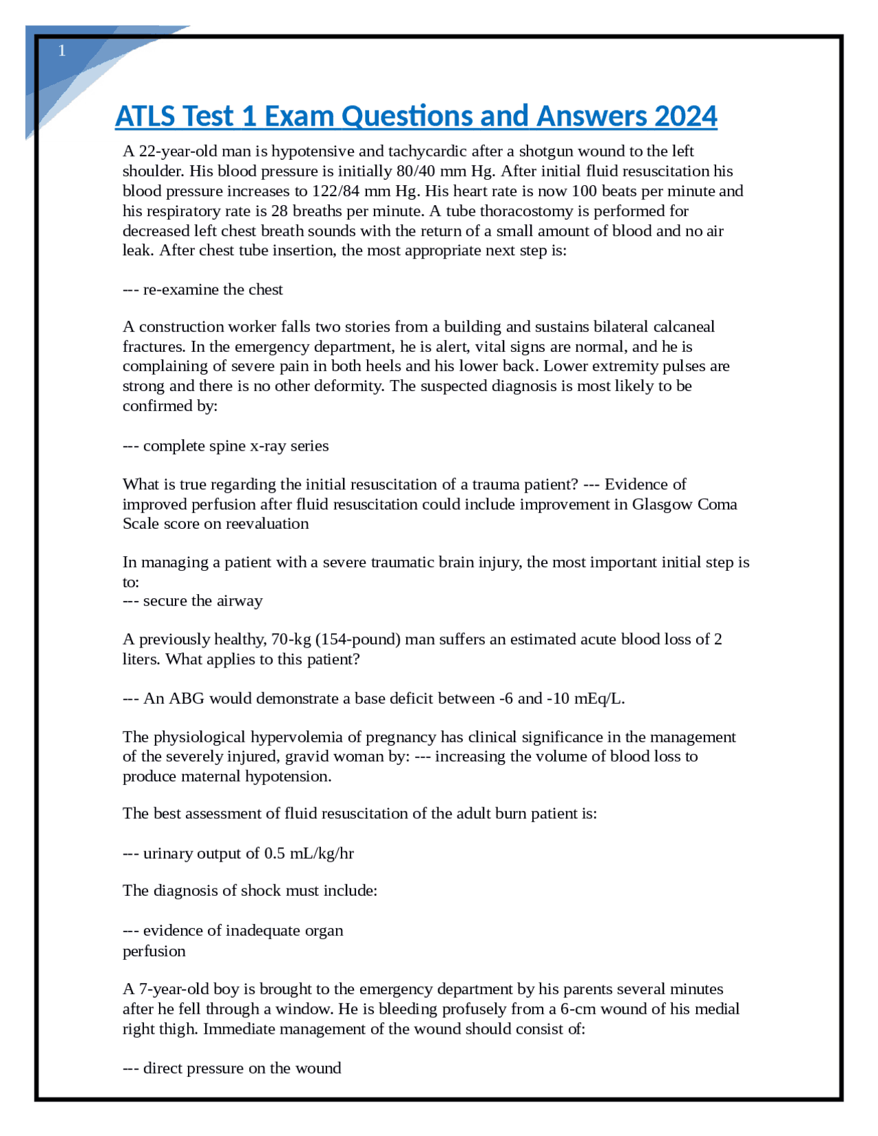 ATLS Test 1 Exam Questions and Answers 2024 | Exams Nursing | Docsity
