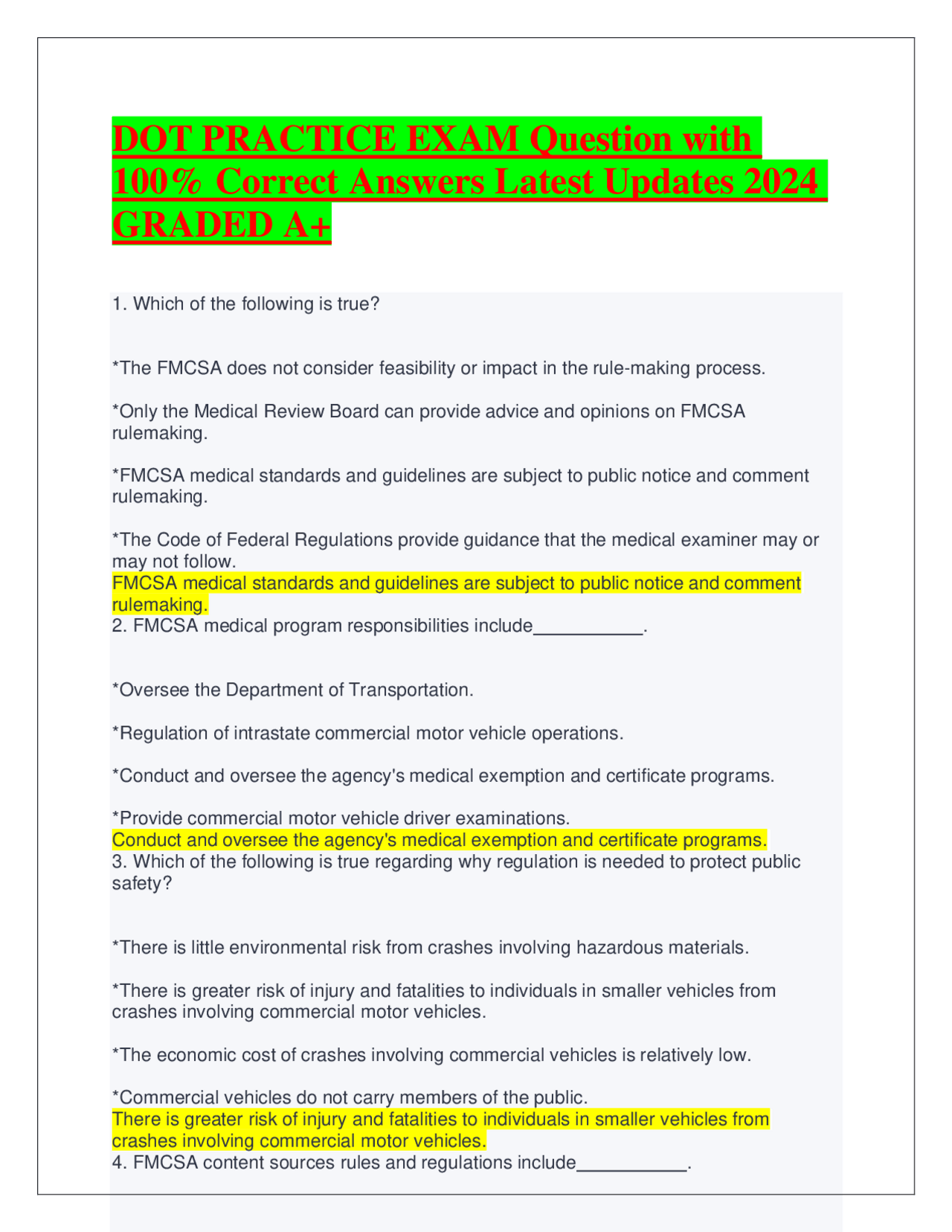 DOT PRACTICE EXAM Question with 100% Correct Answers Latest Updates ...