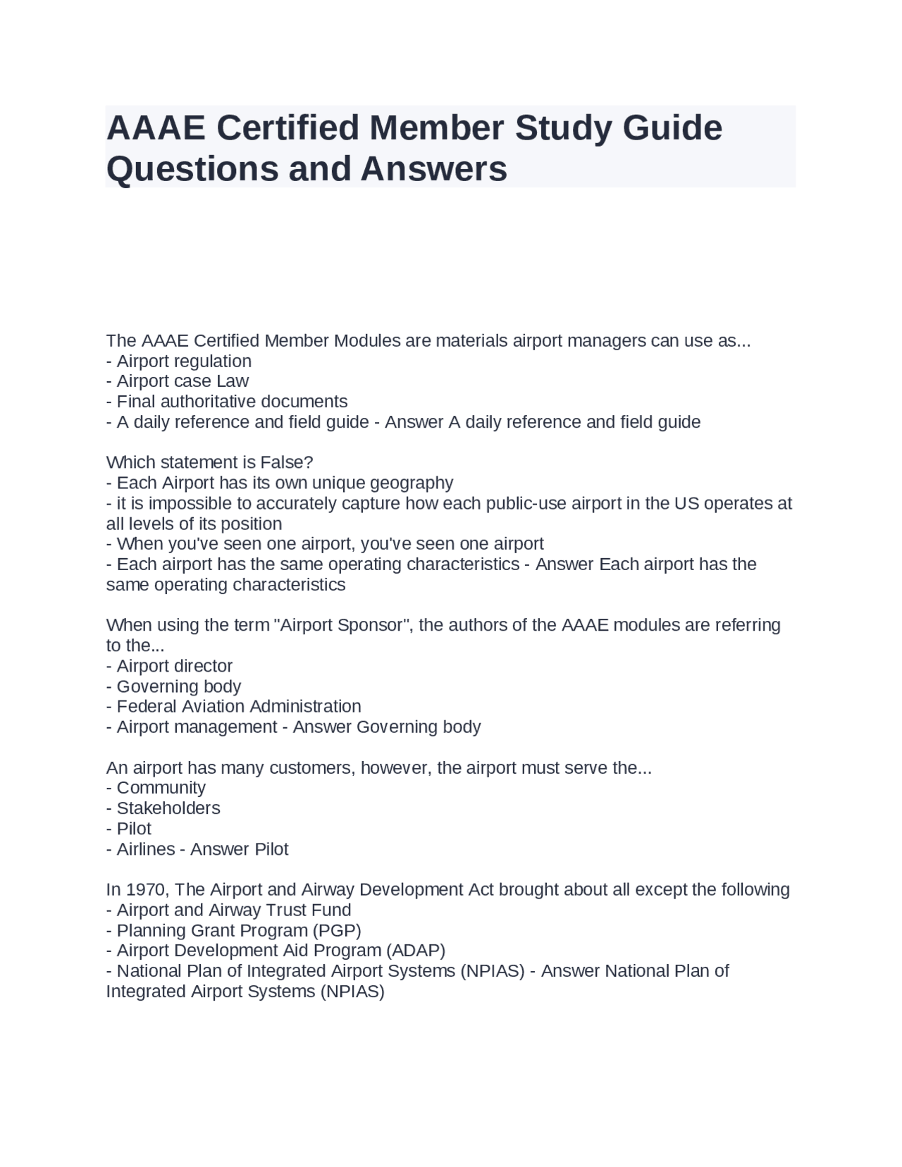 AAAE Certified Member Study Guide Questions and Answers | Exams Nursing ...