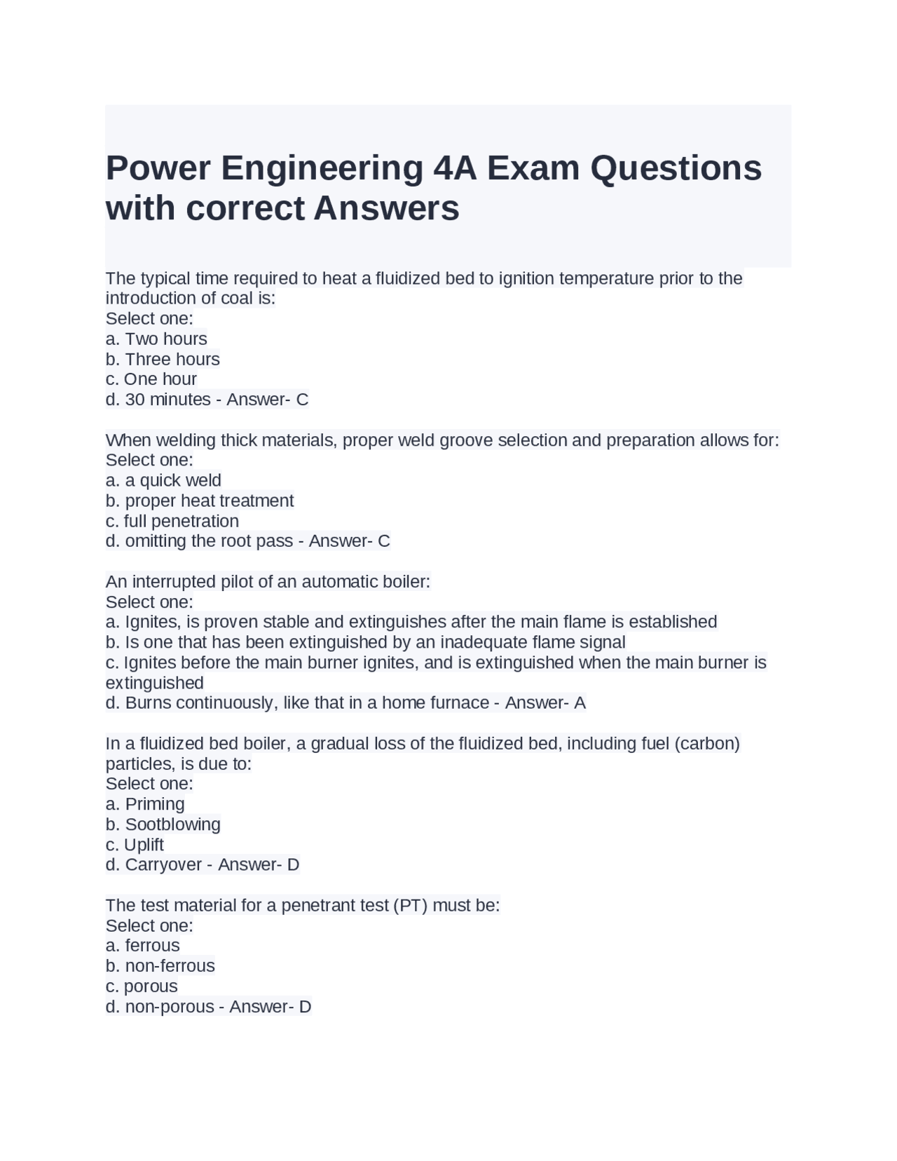 Power Engineering 4A Exam Questions with correct Answers | Exams Engineering | Docsity