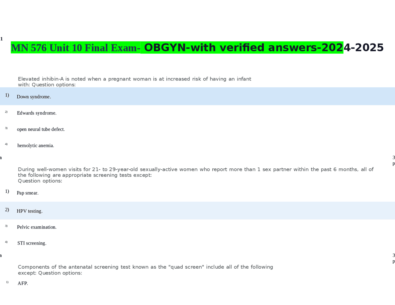 MN 576 Unit 10 Final Exam- OBGYN-with verified answers-2024-2025.docx | Exams Nursing | Docsity