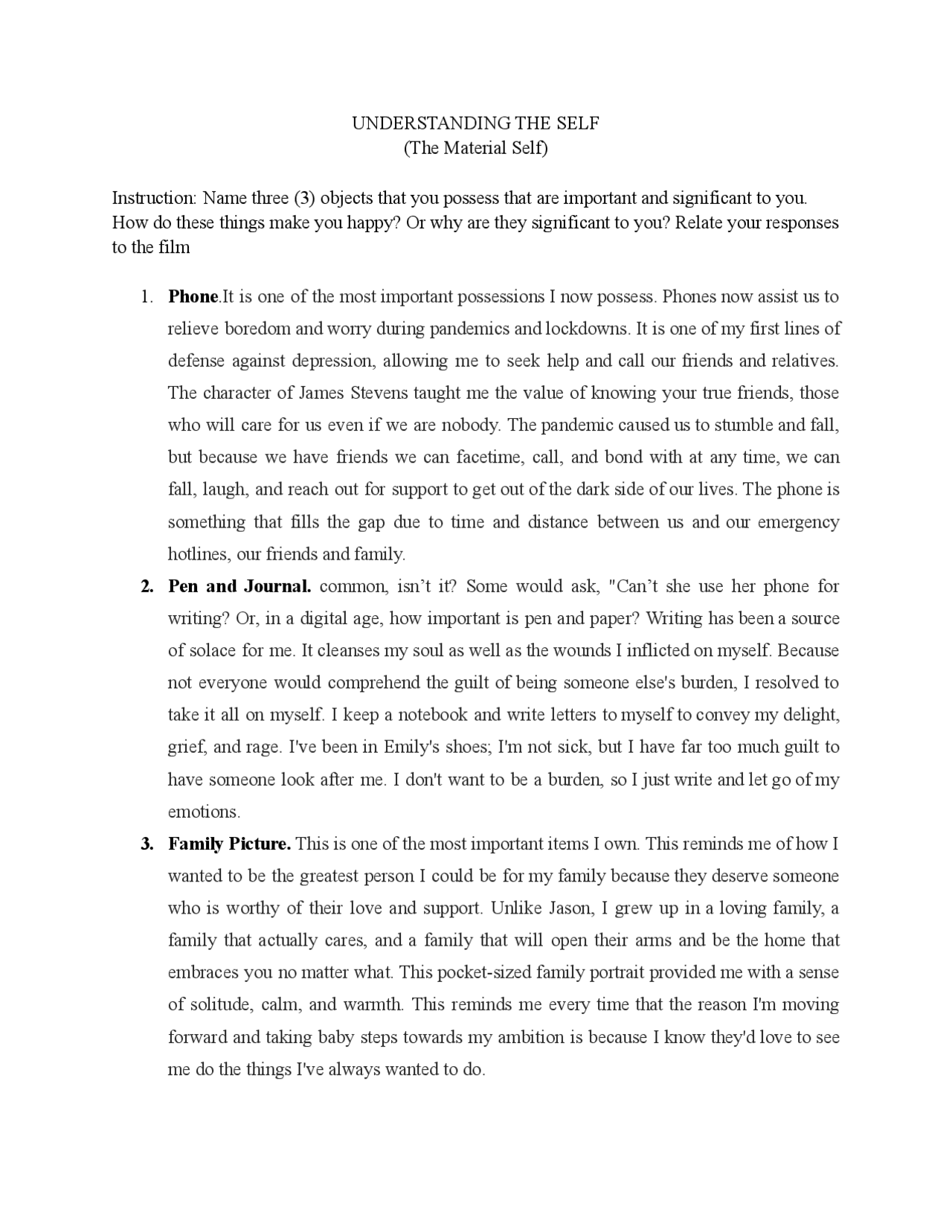 Material Self Essay on Understanding the Self | High school final ...