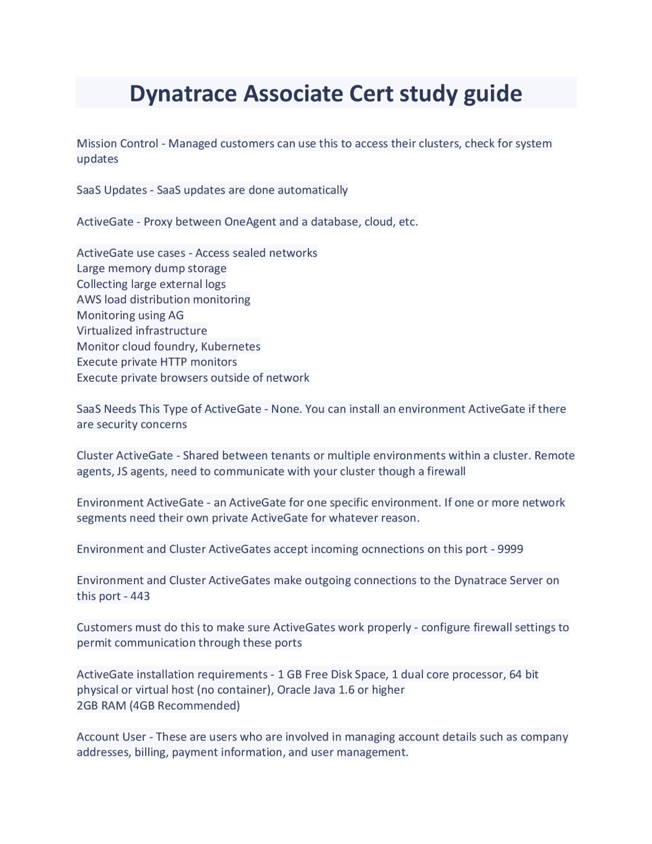 Dynatrace Associate Cert study guide | Exams Nursing | Docsity