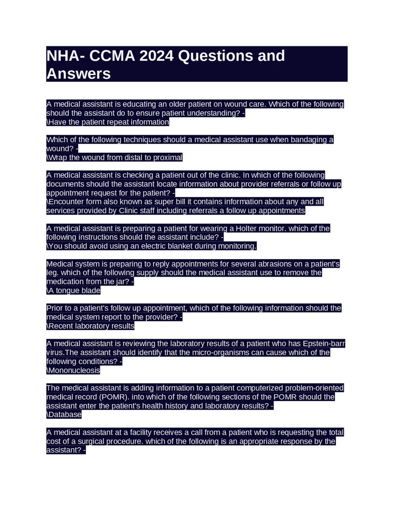 NHA- CCMA 2024 Questions and Answers | Exams Clinical Medicine | Docsity