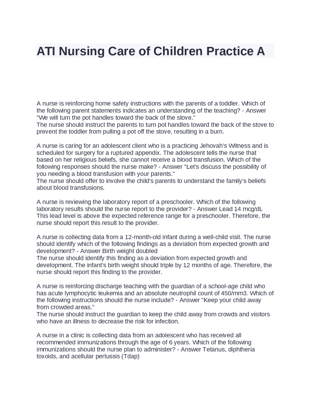 ATI Nursing Care of Children Practice A Test Questions and Answers ...