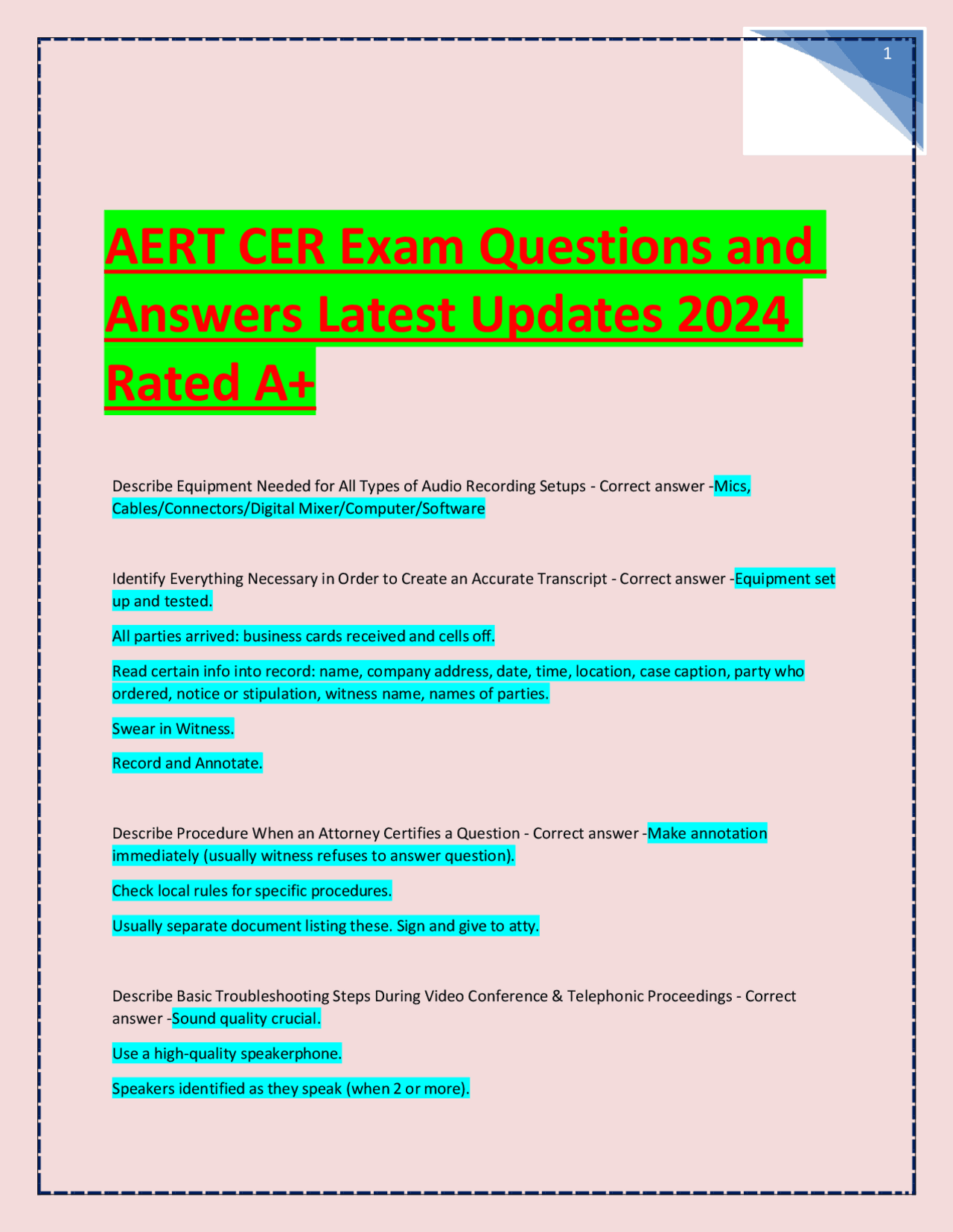 AERT CER Exam Questions and Answers Latest Updates 2024 Rated A+ ...
