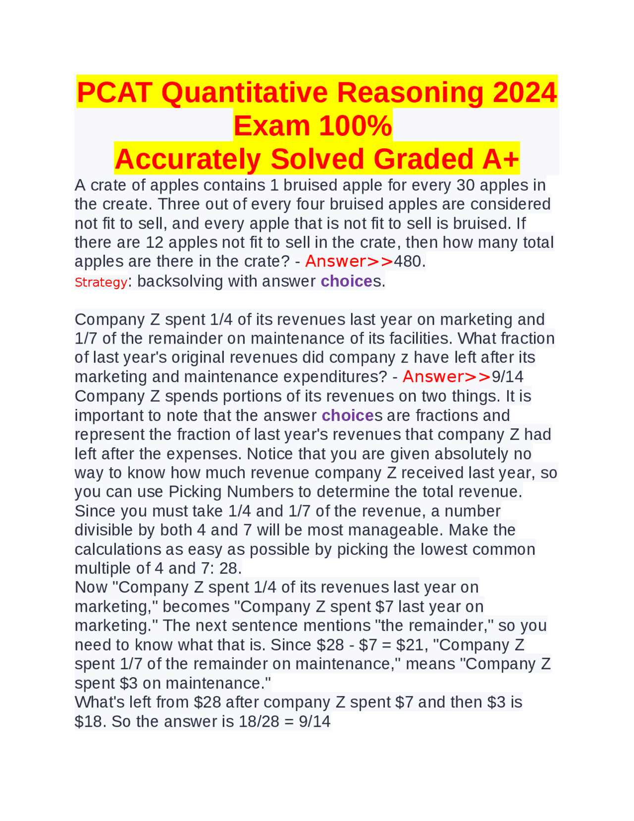 PCAT Quantitative Reasoning 2024 Exam 100% Accurately Solved Graded A+ ...