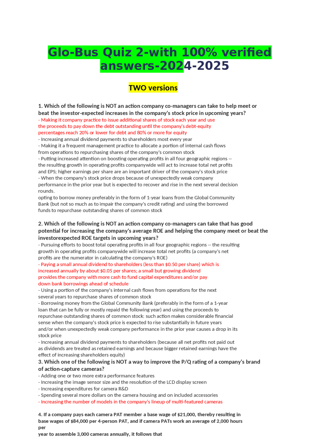 Glo-Bus Quiz 2-with 100% verified answers-2024-2025 .docx | Exams Business Fundamentals | Docsity