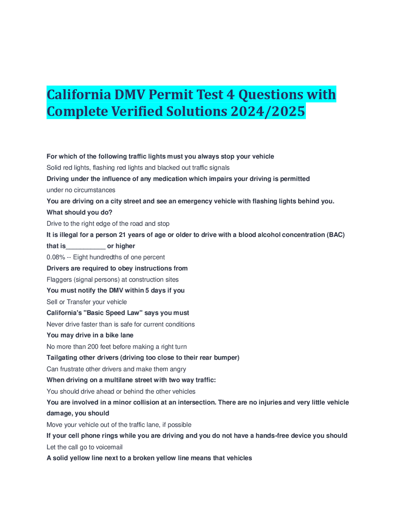 California DMV Permit Test 4 Questions with Complete Verified Solutions ...