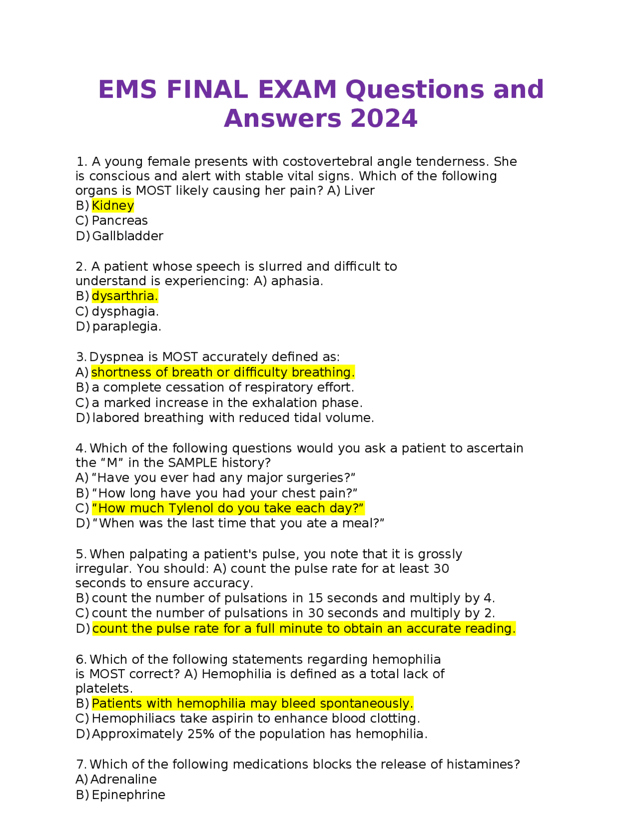 EMS FINAL EXAM Questions and Answers 2024 | Exams Nursing | Docsity