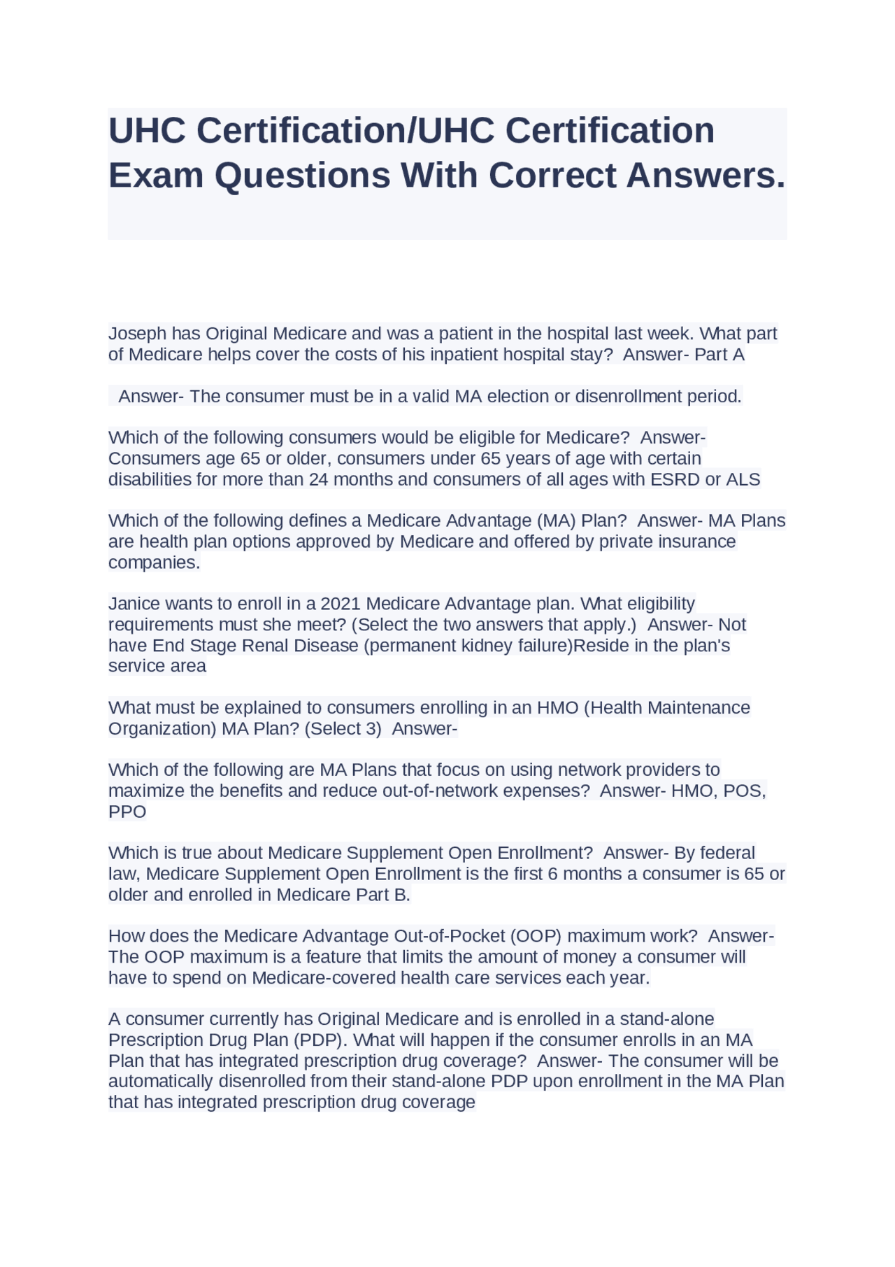 UHC Certification UHC Certification Exam Questions With Correct Answers ...