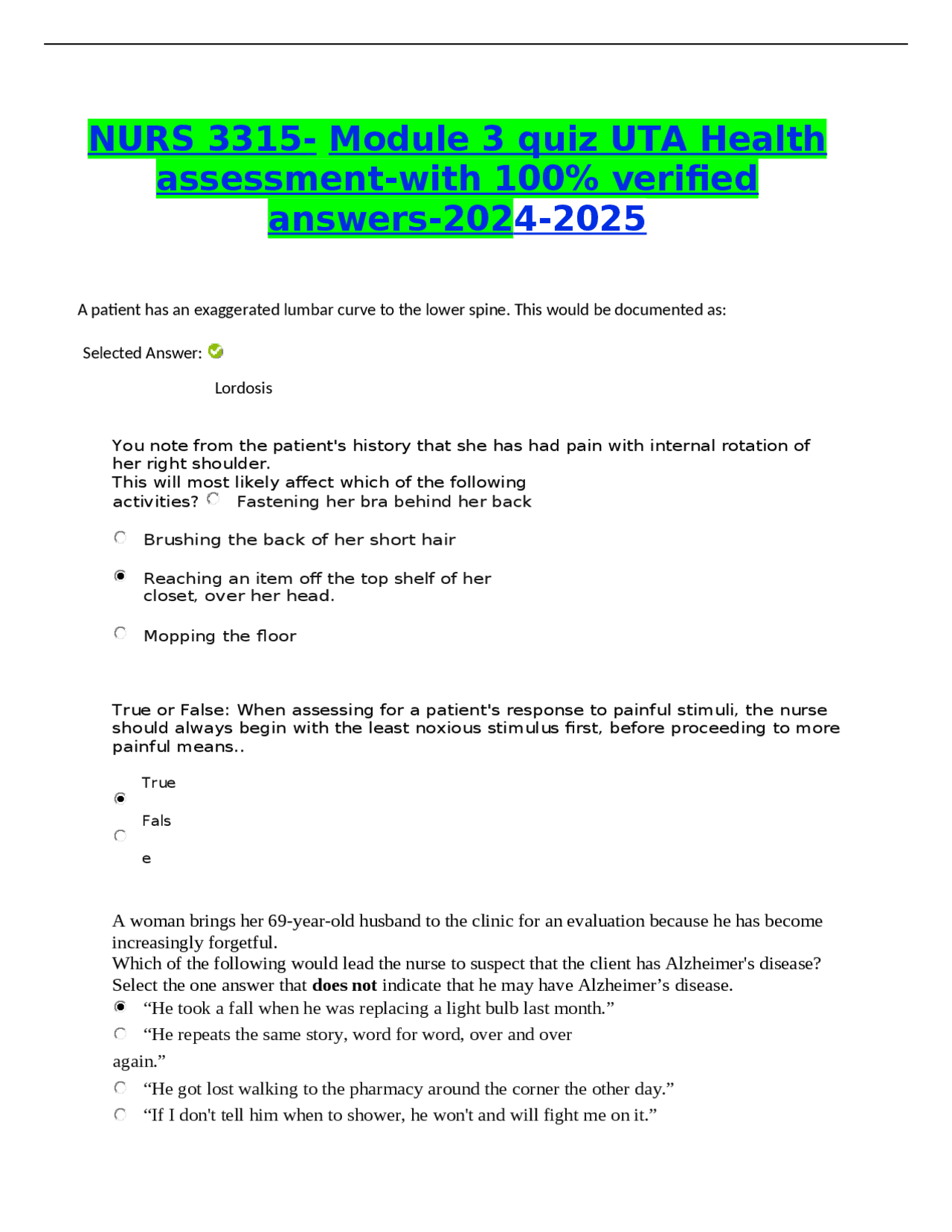 NURS 3315- Module 3 quizz UTA Health assessment-with 100% verified ...