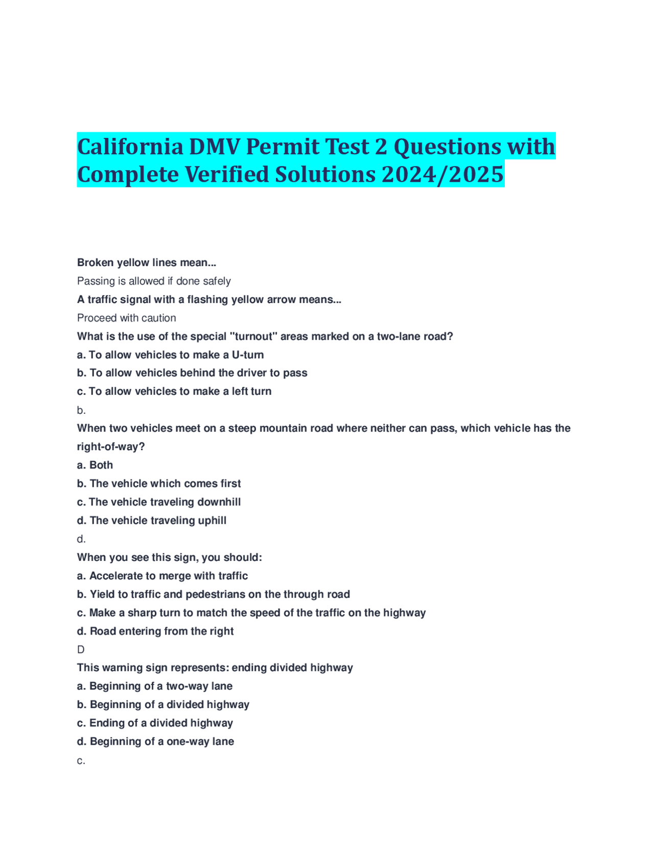 California DMV Permit Test 2 Questions with Complete Verified Solutions ...