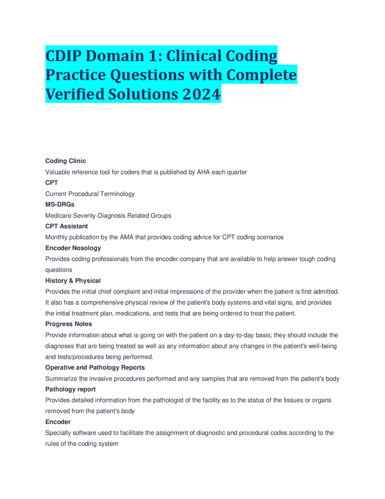 CDIP Domain 1: Clinical Coding Practice Questions with Complete ...