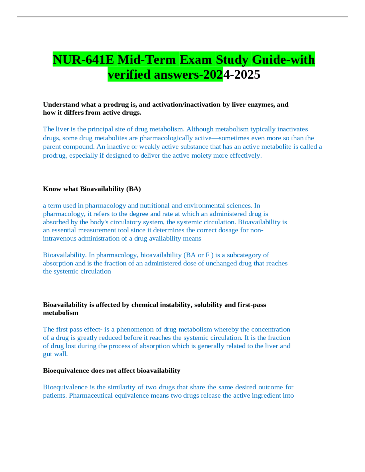 NUR-641E Mid-Term Exam Study Guide-with verified answers-2024-2025.docx ...