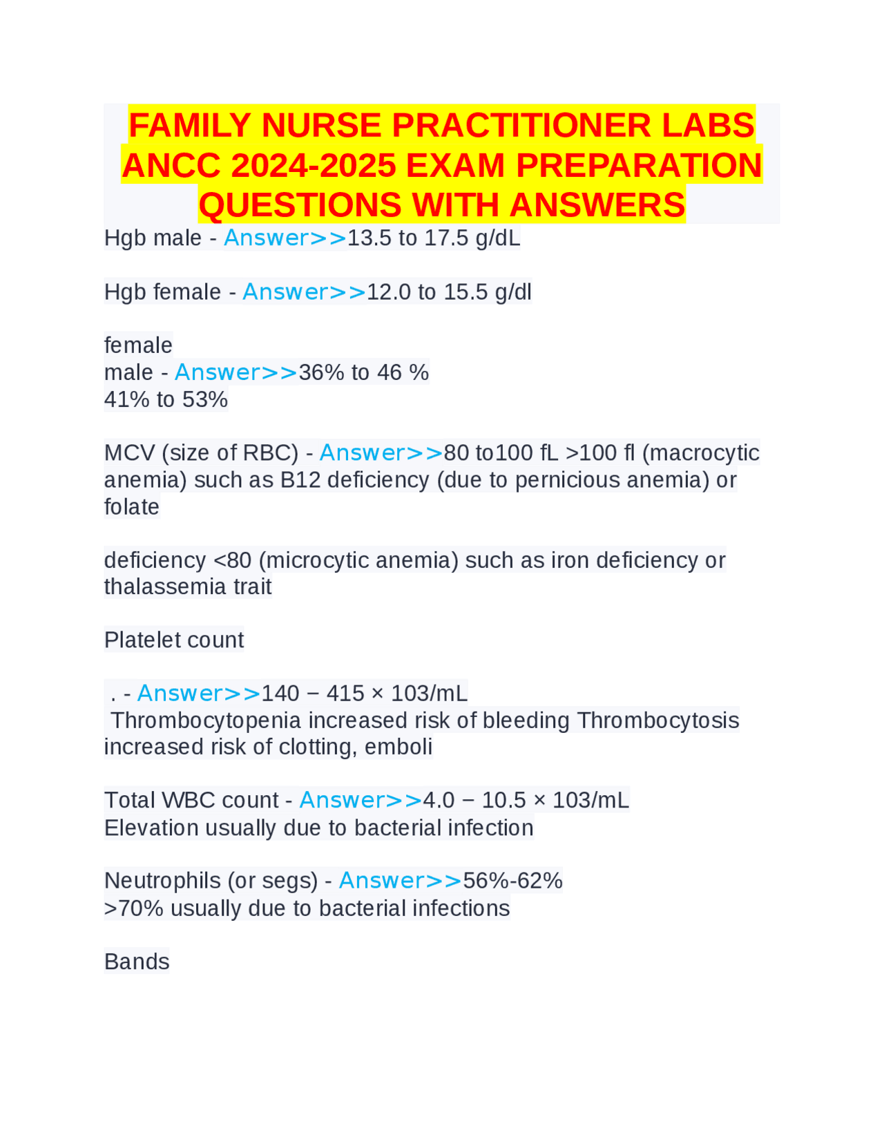 FAMILY NURSE PRACTITIONER LABS ANCC 2024-2025 EXAM PREPARATION ...
