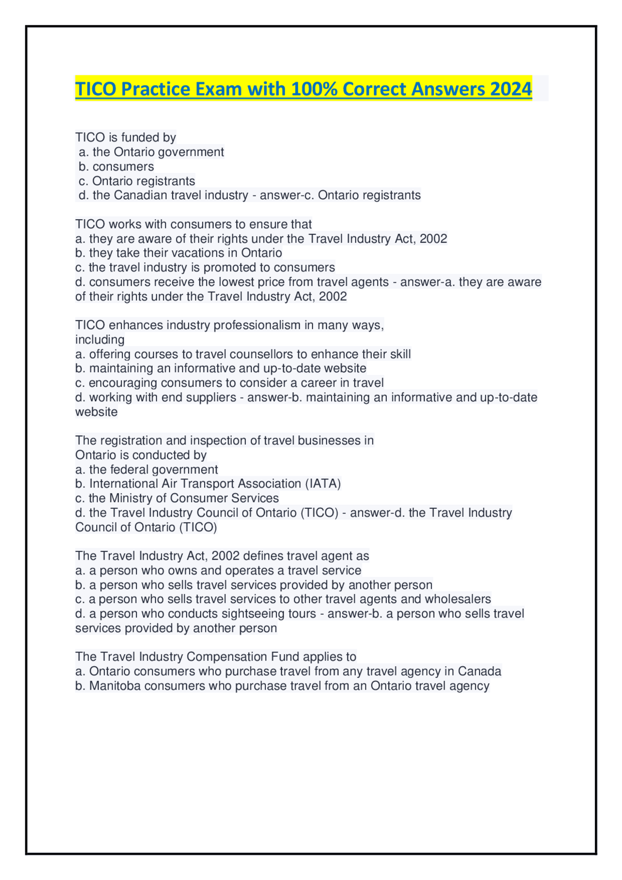 TICO Practice Exam with 100% Correct Answers 2024 | Exams Nursing | Docsity